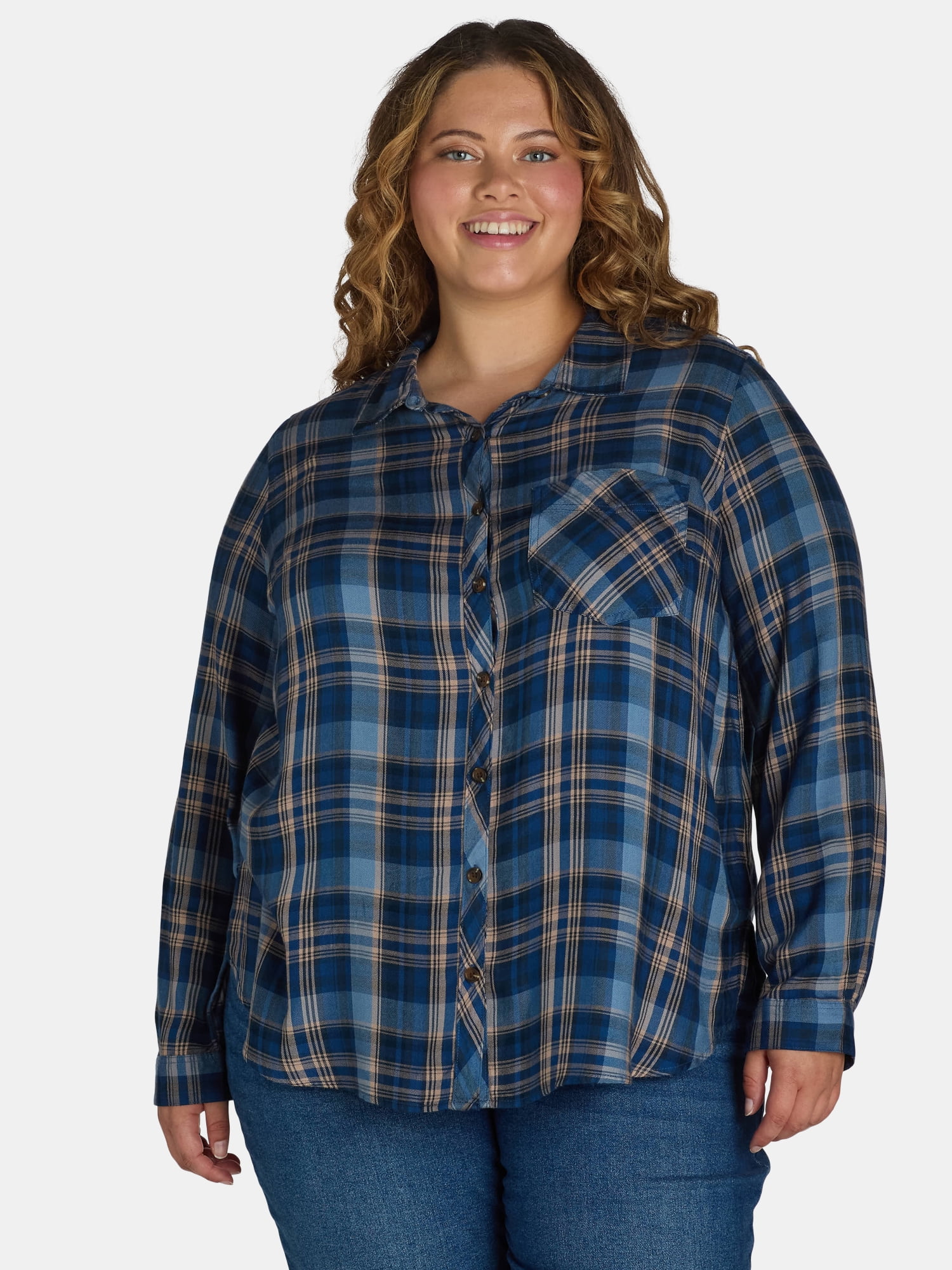 Terra & Sky Women's Plus Plaid Button-Down Shirt, Sizes 0X-5X - Walmart.com