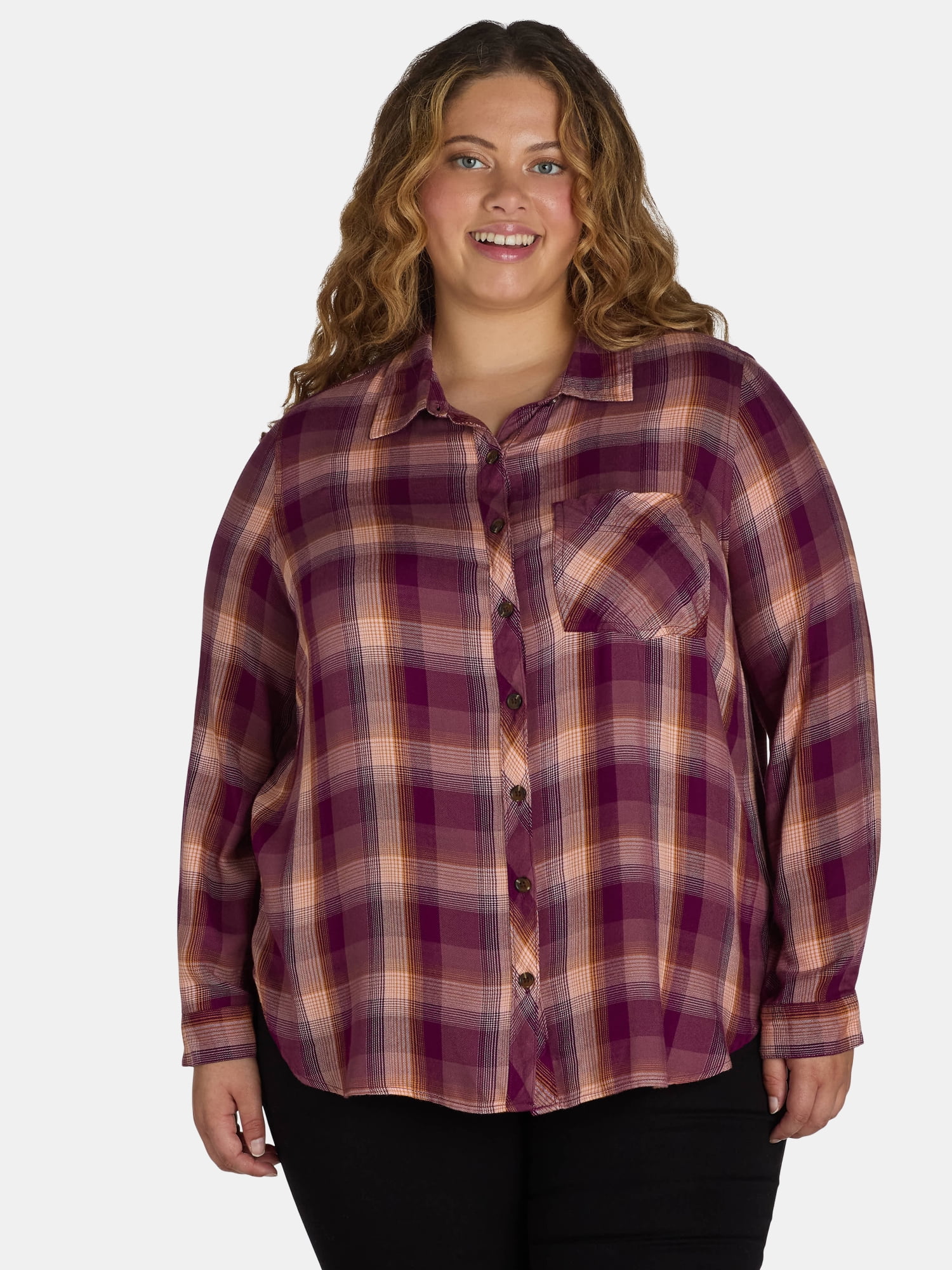 Terra & Sky Women's Plus Plaid Button-Down Shirt, Sizes 0X-5X, Long Sleeves, Flannel - Walmart.com