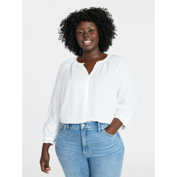 Terra & Sky Women's Plus Size Button Blouse with 3/4-Length Sleeves ...