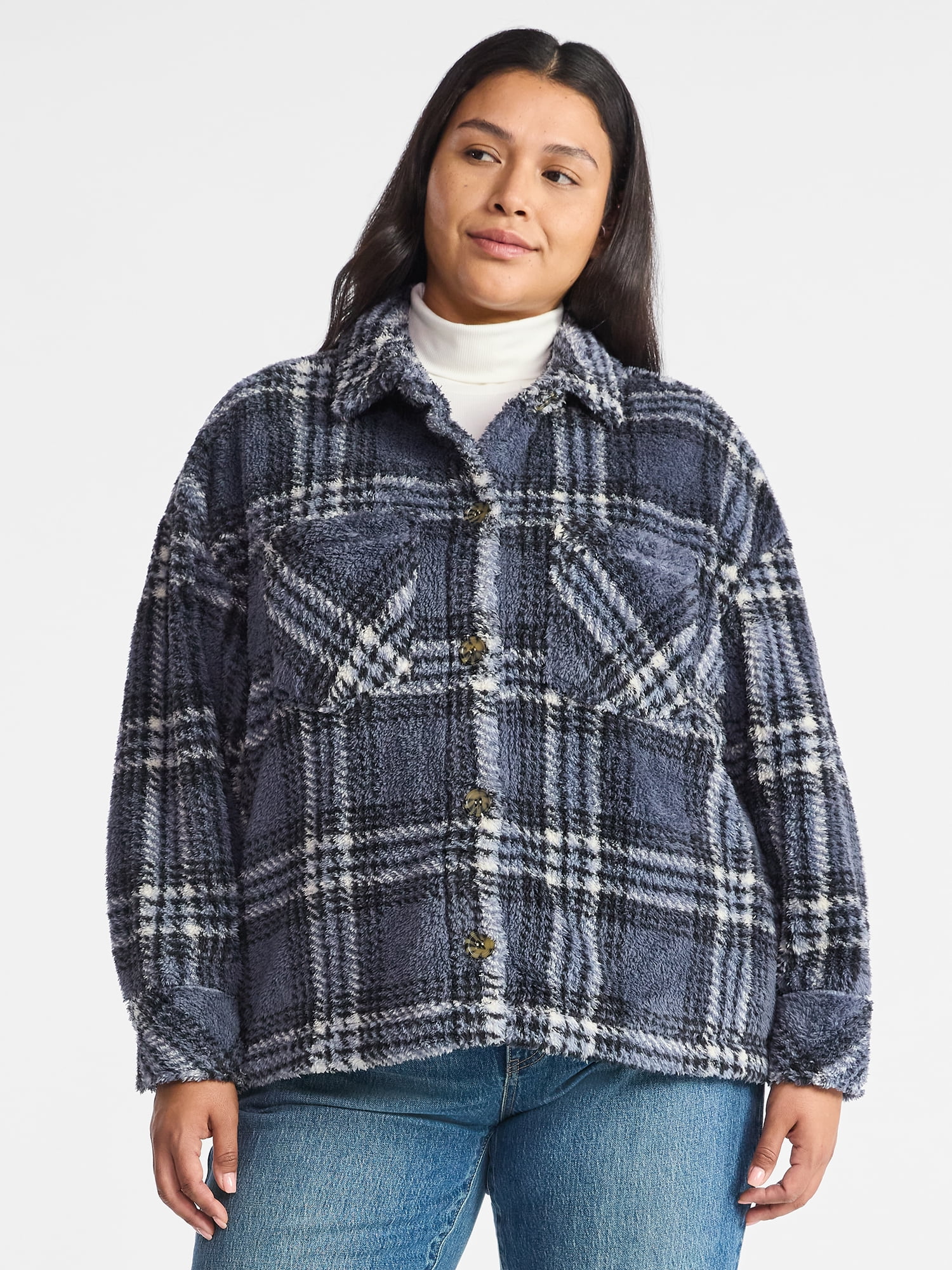 Terra & Sky Women's Plus Size Cozy Button Front Shacket with Long ...