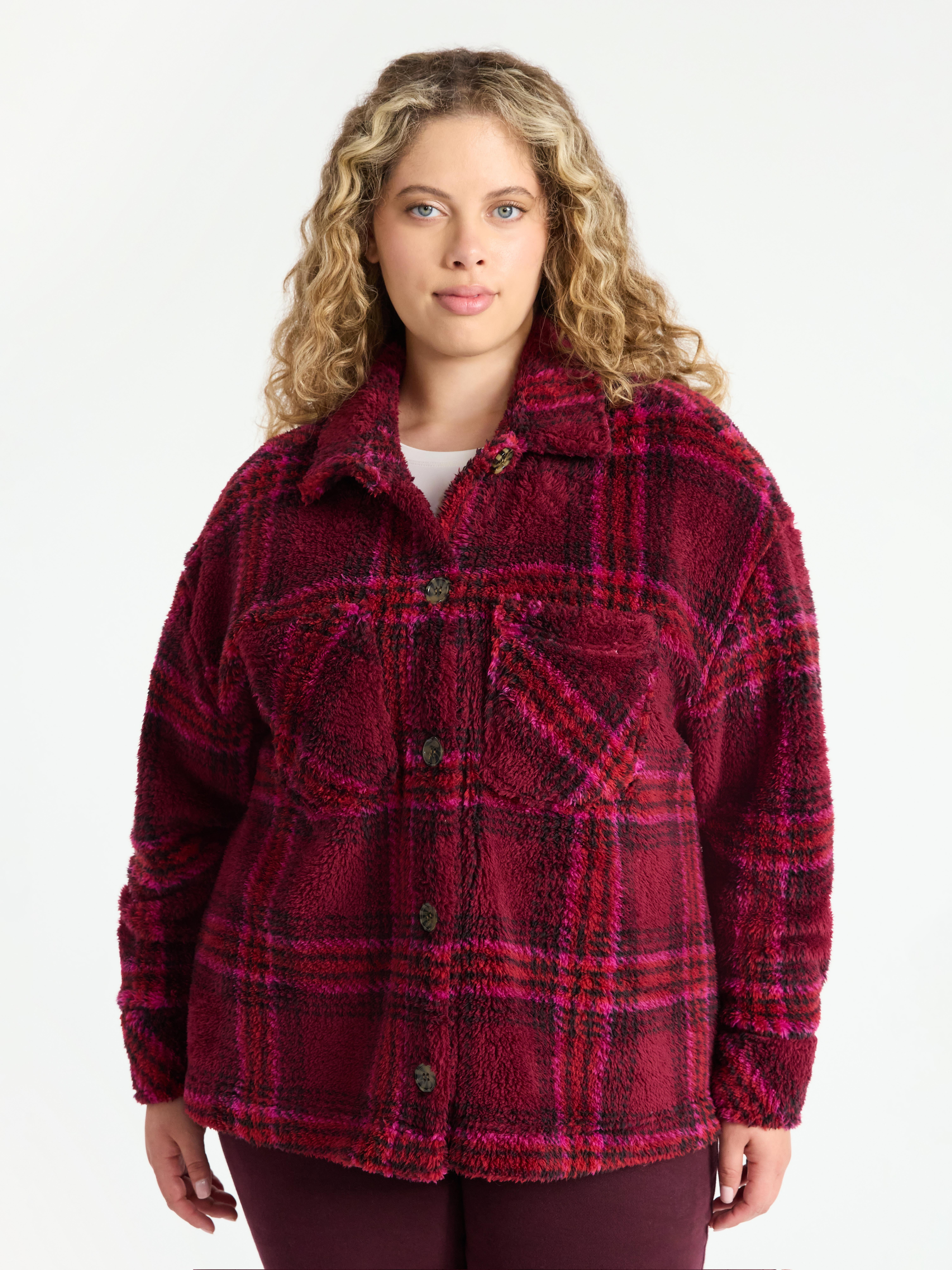 Terra & Sky Women's Plus Size Cozy Button Front Shacket with Long ...