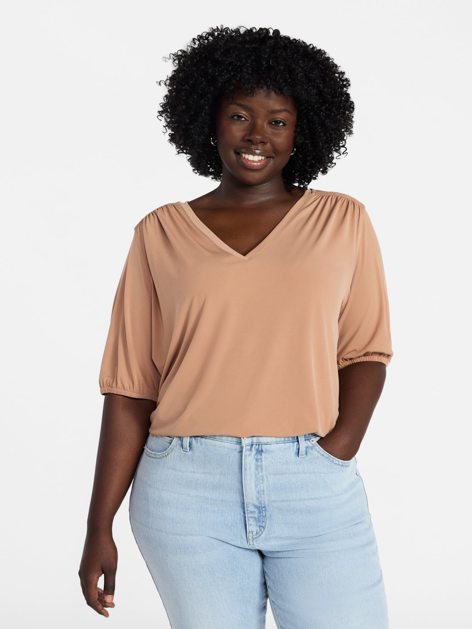 Terra & Sky Women's Plus Size V Neck Tee with Elbow Sleeves, Sizes 0X ...