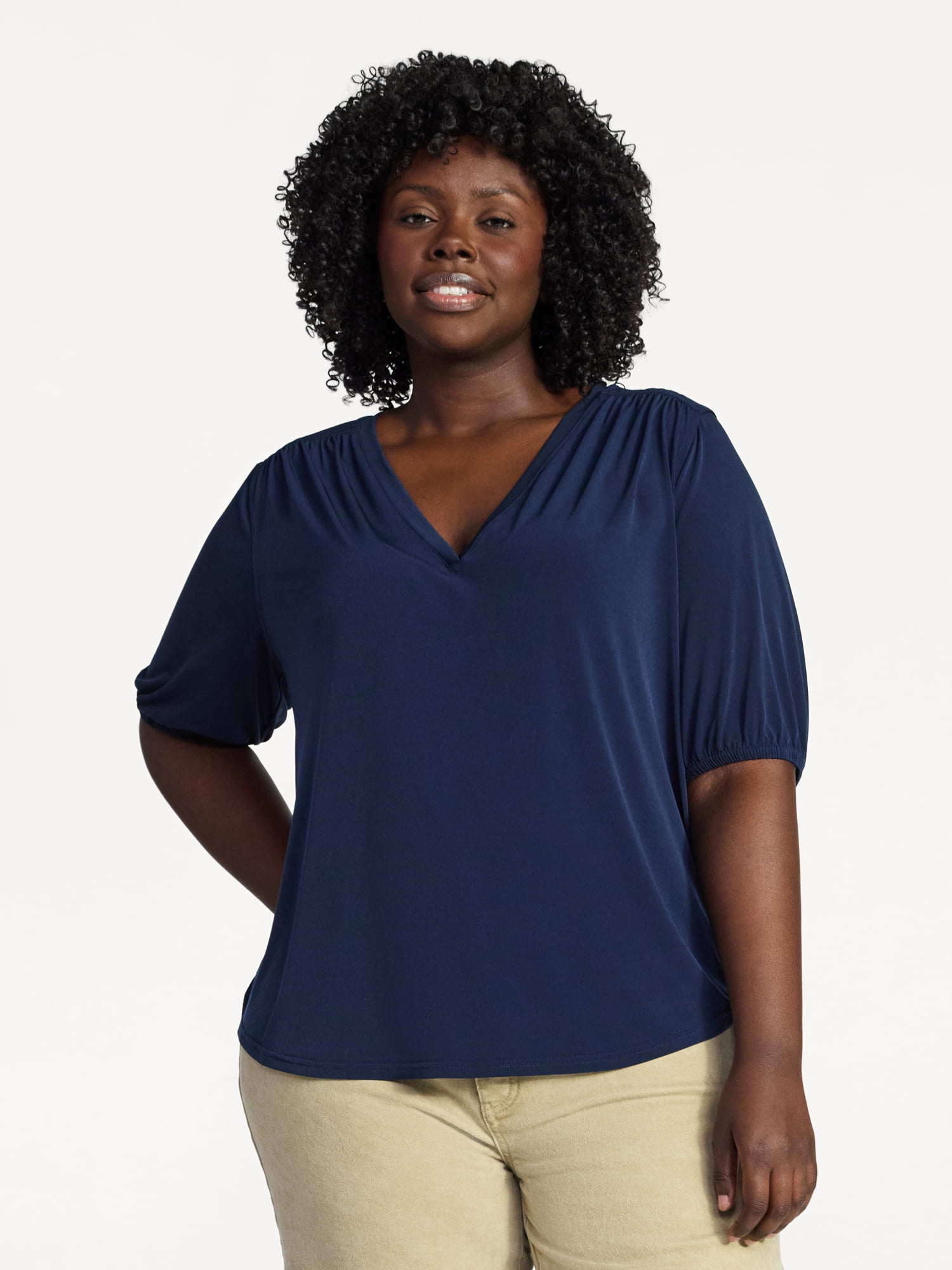 Terra & Sky Women's Plus Size V Neck Tee with Elbow Sleeves, Sizes 0X ...
