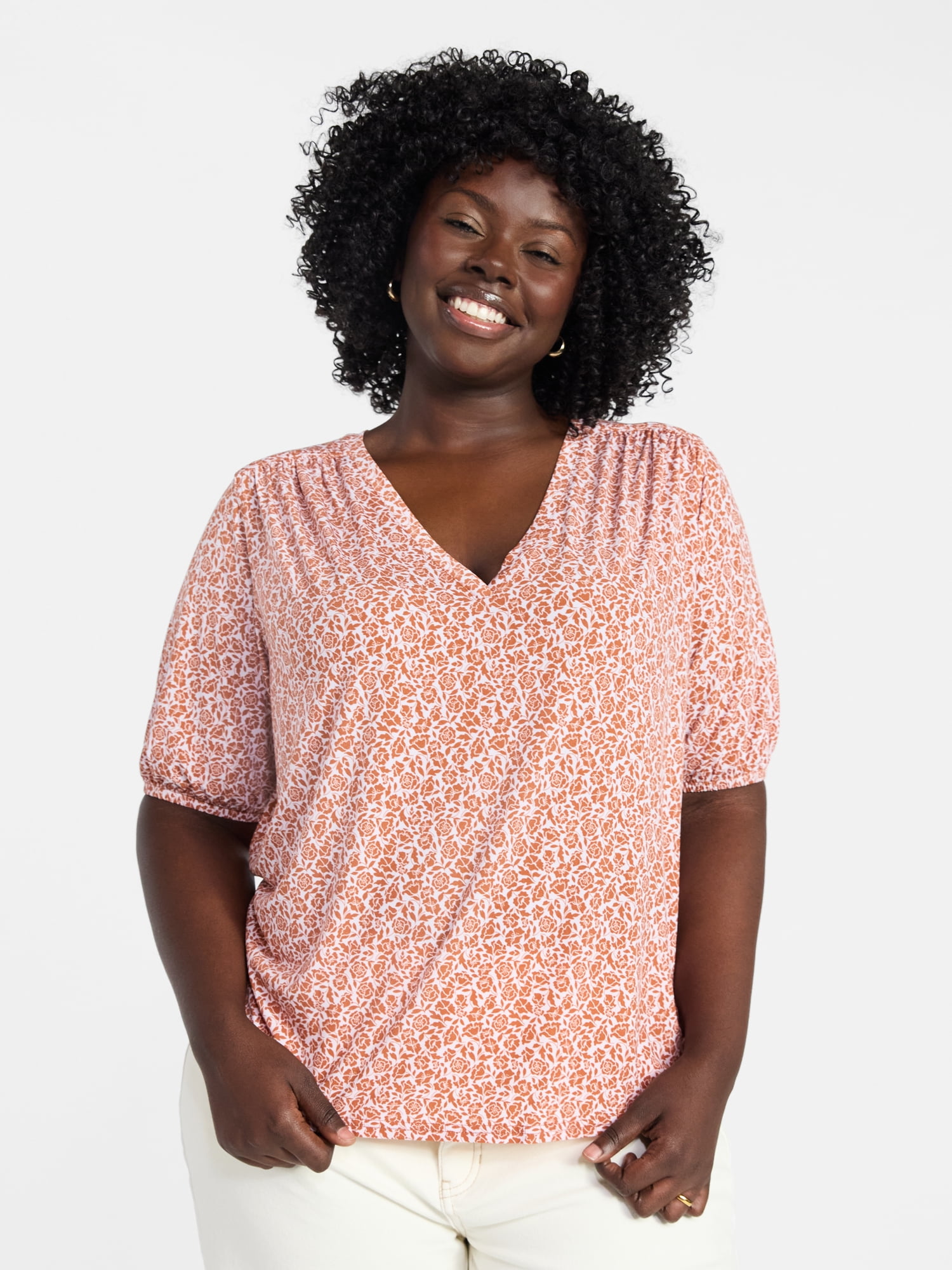 Terra & Sky Women's Plus Size V Neck Tee with Elbow Sleeves, Sizes 0X ...