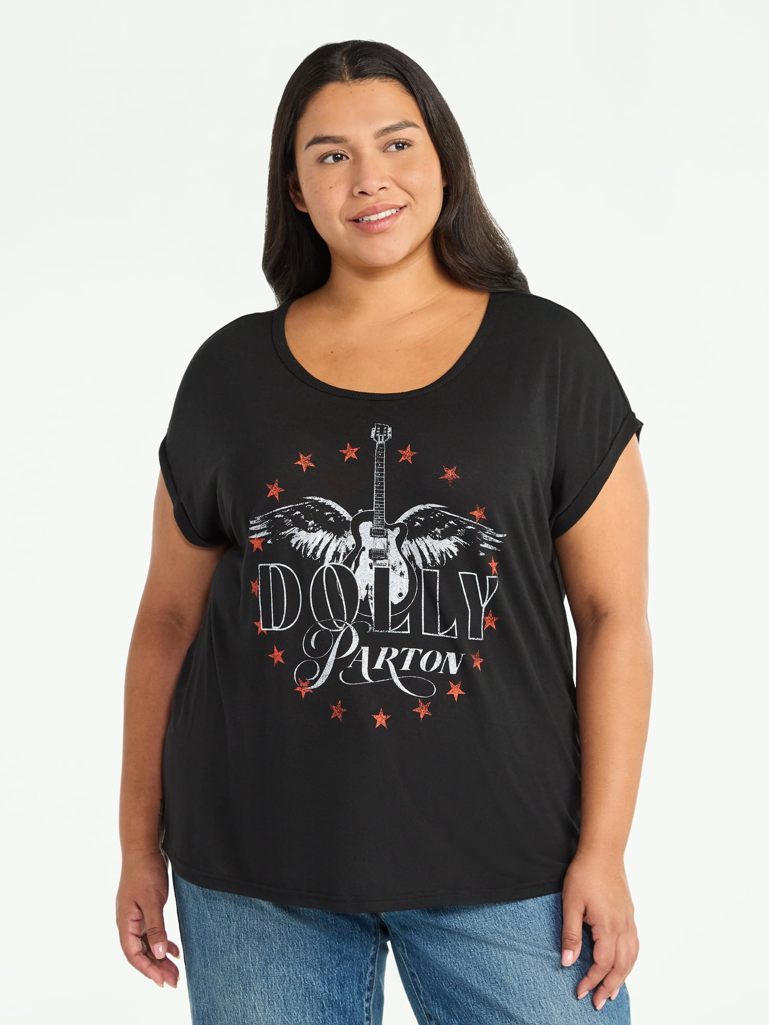 Terra & Sky Women's Plus Size Dolly Parton Guitar Wing Star Graphic Tee ...