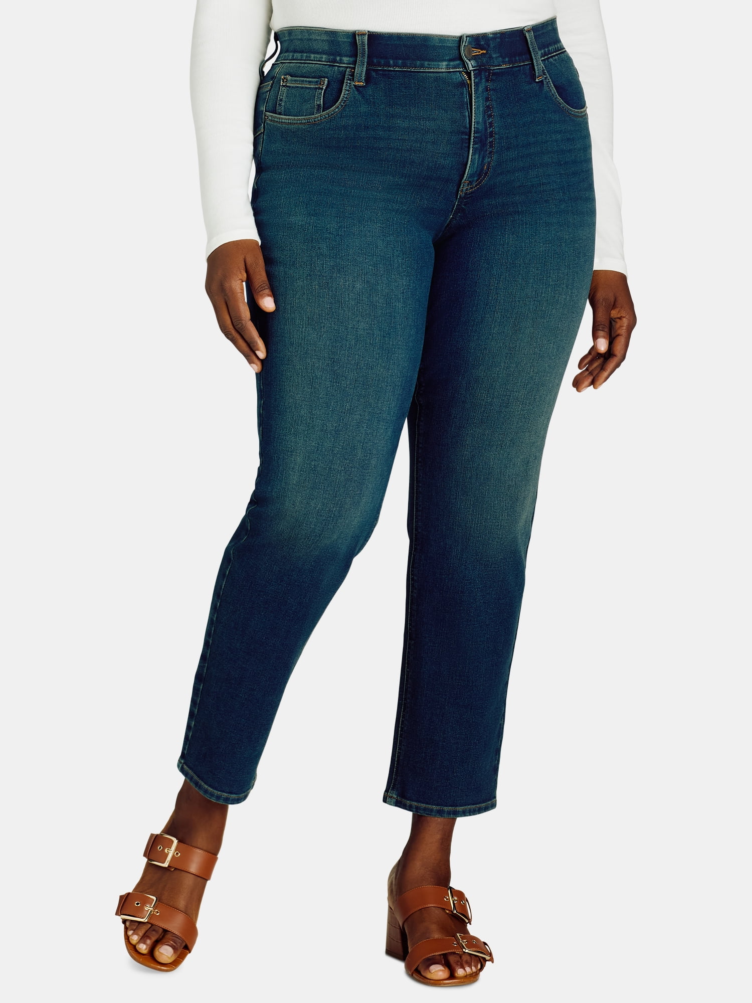 Terra & Sky Women's Plus High Rise Straight Leg Jeans with Comfort ...
