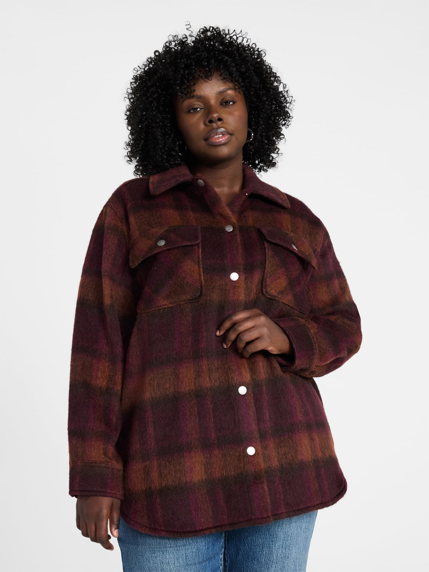 Terra & Sky Women's Plus Longline Brushed Plaid Shacket, Midweight ...