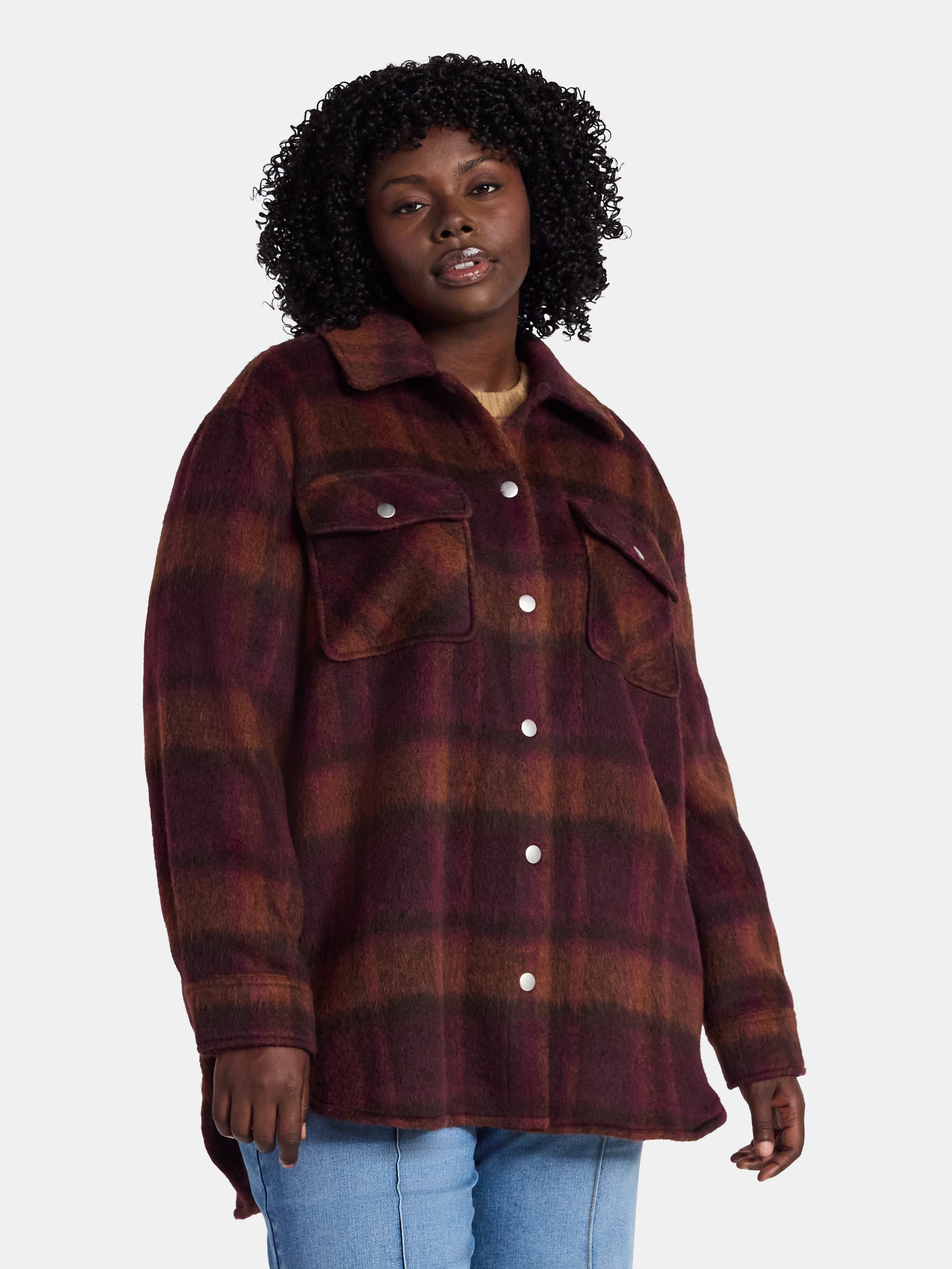 Terra & Sky Women's Plus Longline Brushed Plaid Shacket, Midweight ...