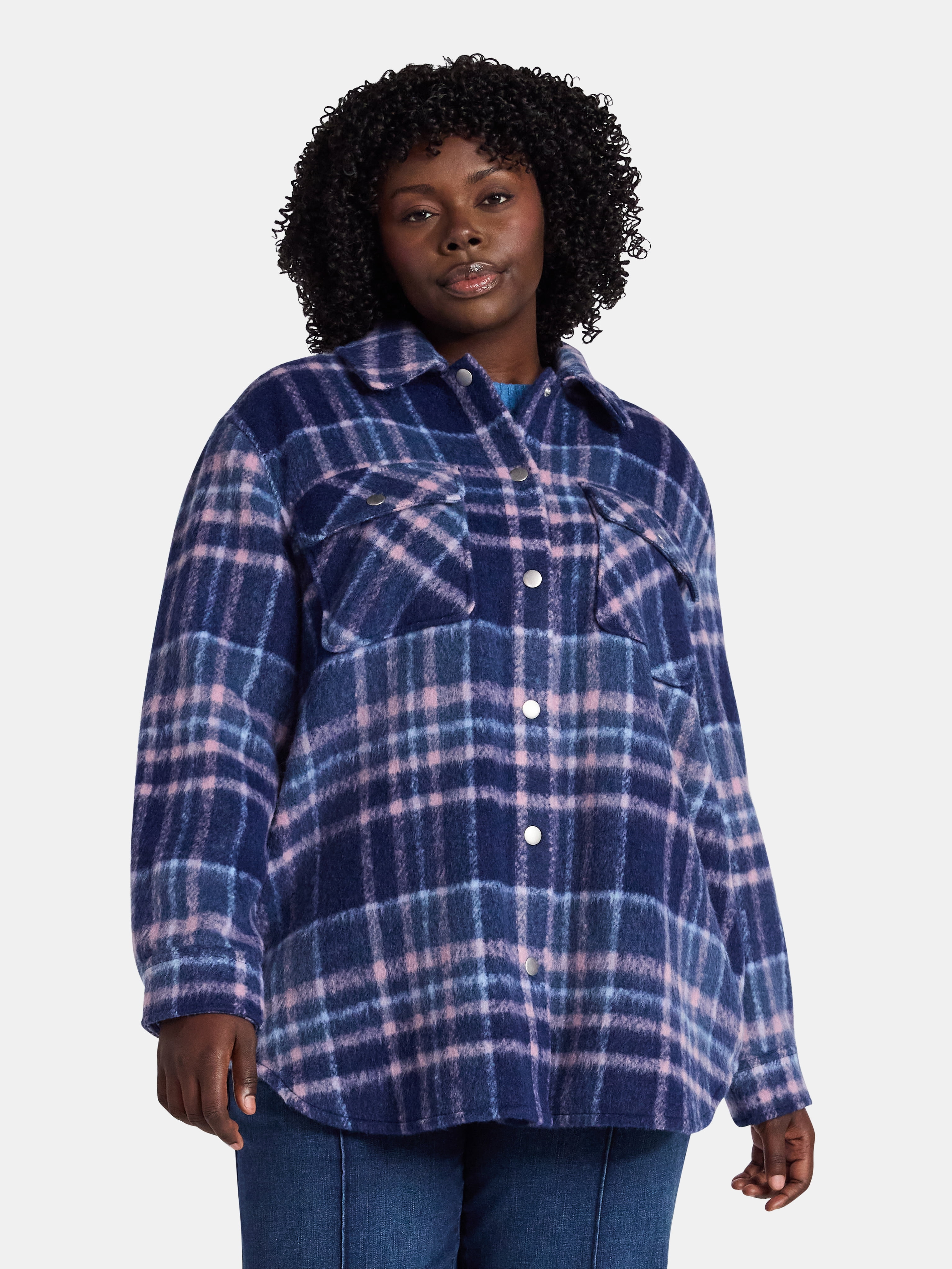 Terra & Sky Women's Plus Longline Brushed Plaid Shacket, Midweight ...