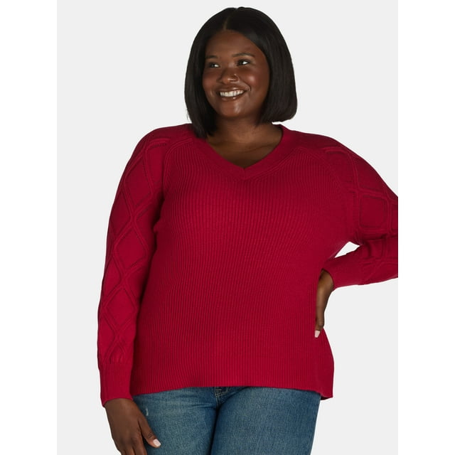 Terra & Sky Women's Plus V-Neck Pointelle Knit Sweater, Midweight ...