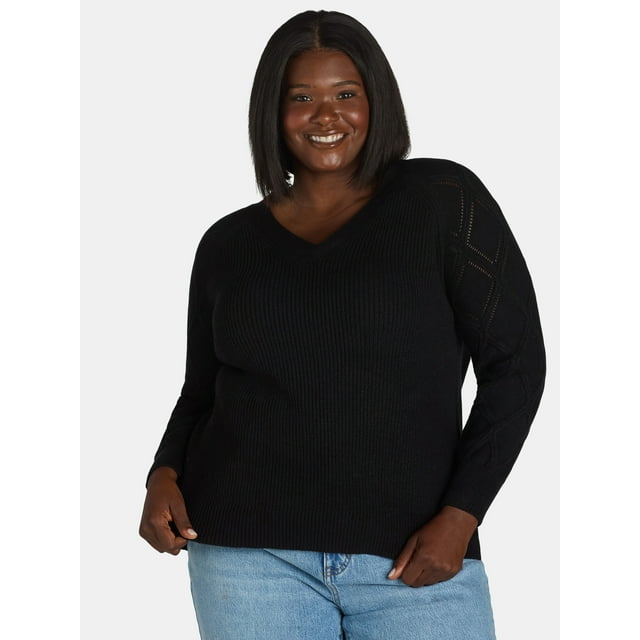 Terra & Sky Women's Plus V-Neck Pointelle Knit Sweater, Midweight ...