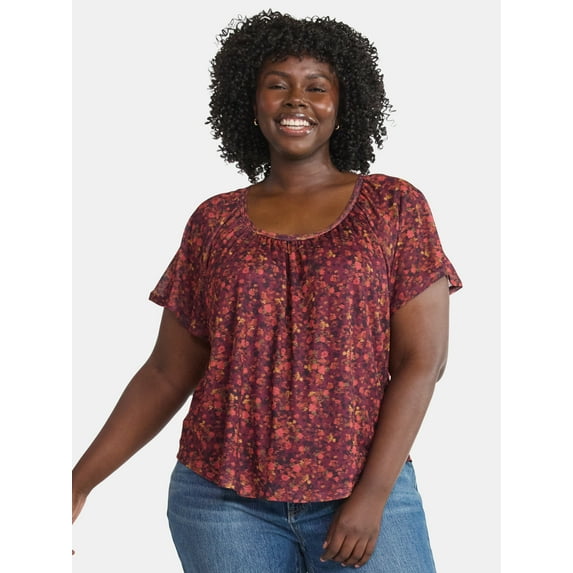 Terra & Sky Women's Plus Size Crepe Mesh Top with Flutter Sleeves ...