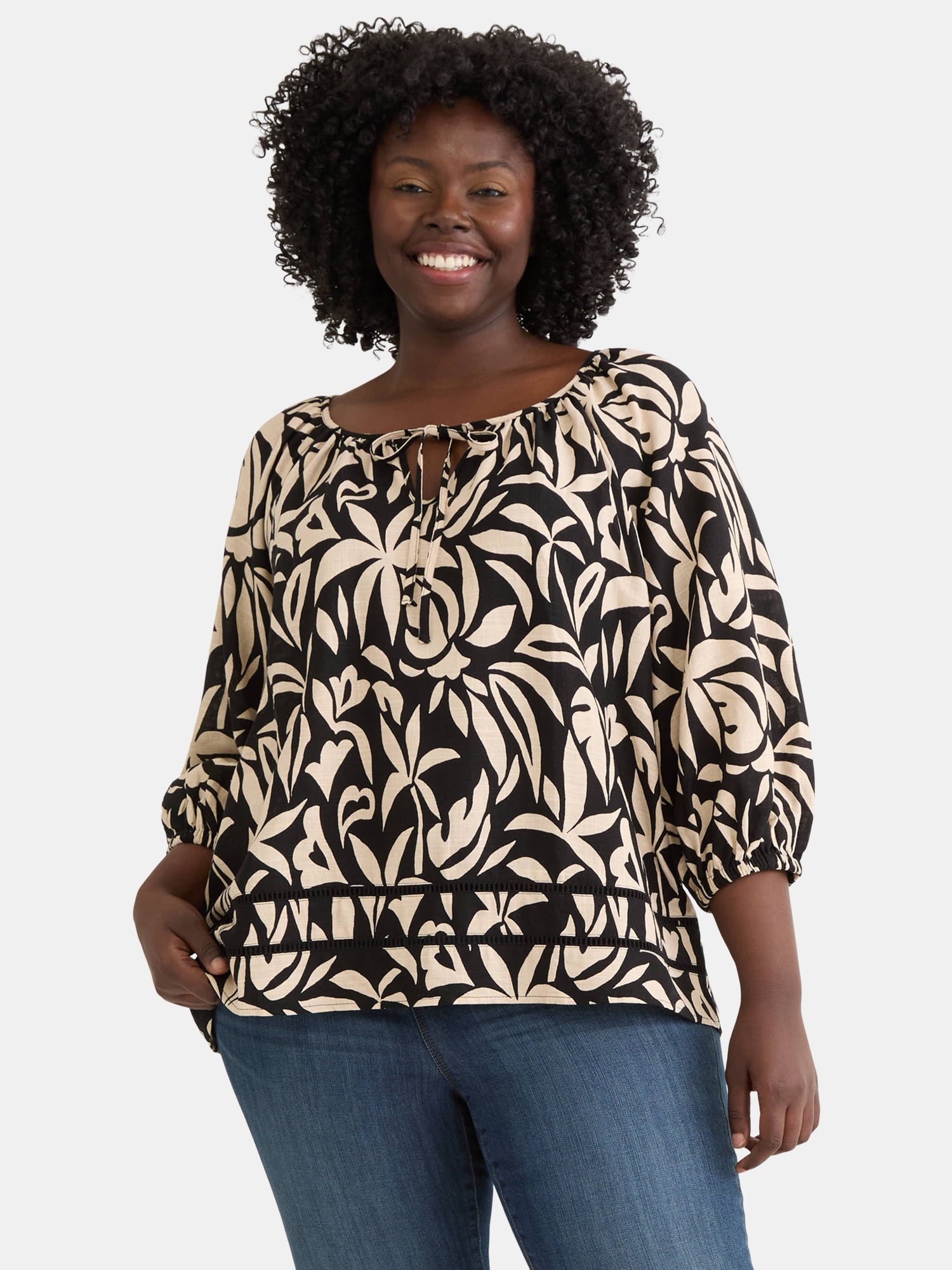 Terra & Sky Women's Plus Peasant Linen Blouse with Long Sleeves, Sizes ...