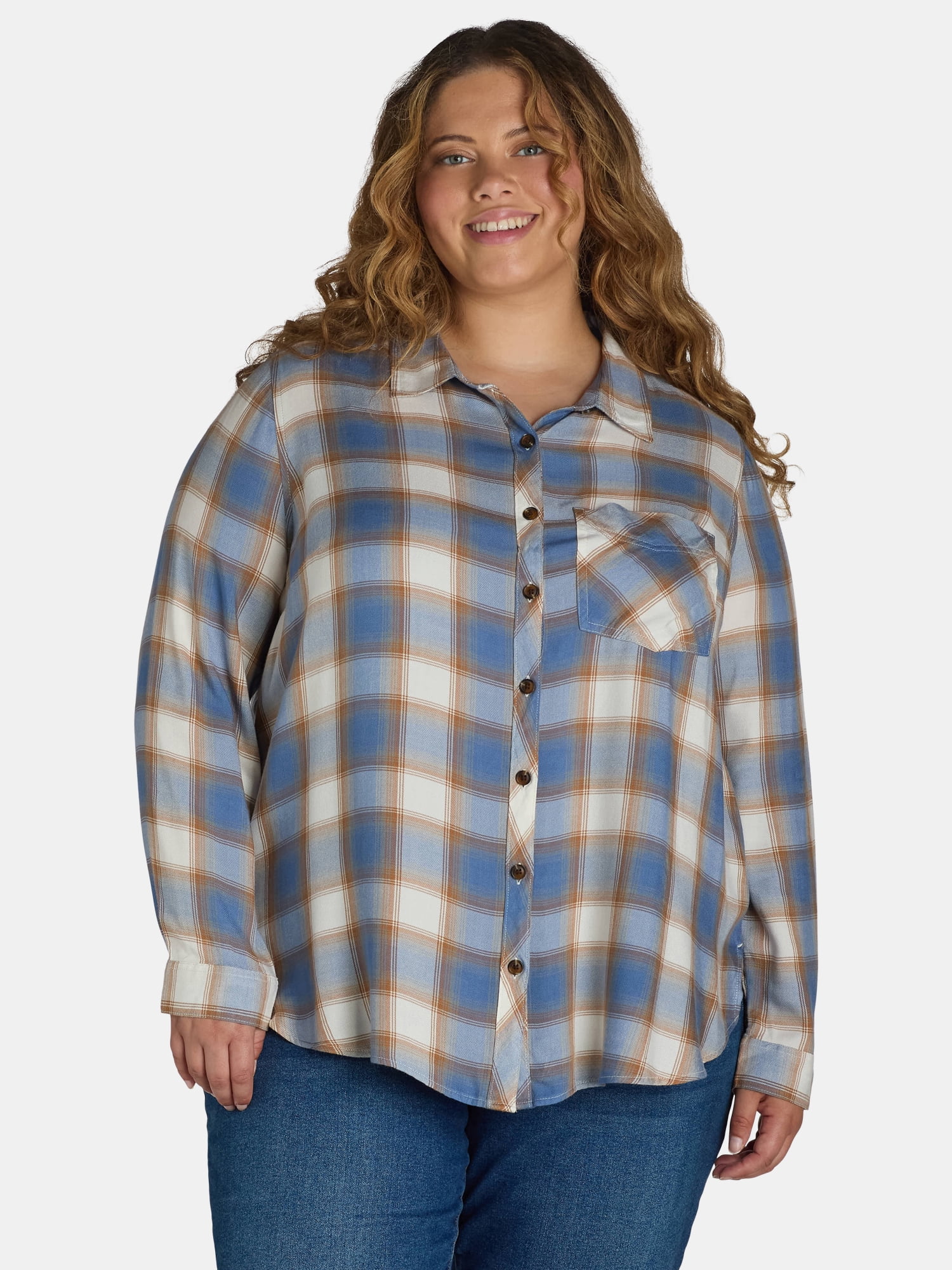 Terra & Sky Women's Plus Plaid Button-Down Flannel Shirt, Sizes 0X-5X ...