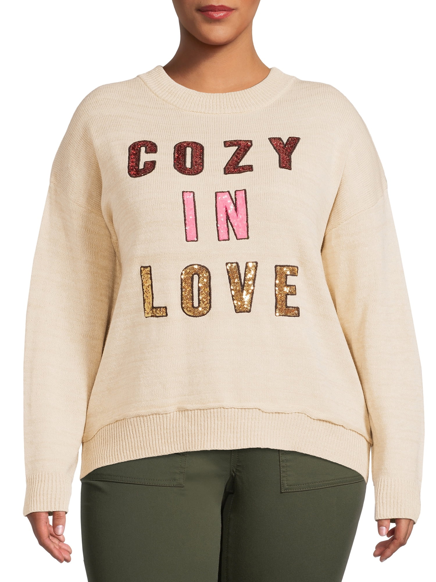 Terra & Sky Women's Plus Sequin Cozy In Love Sweater - Walmart.com