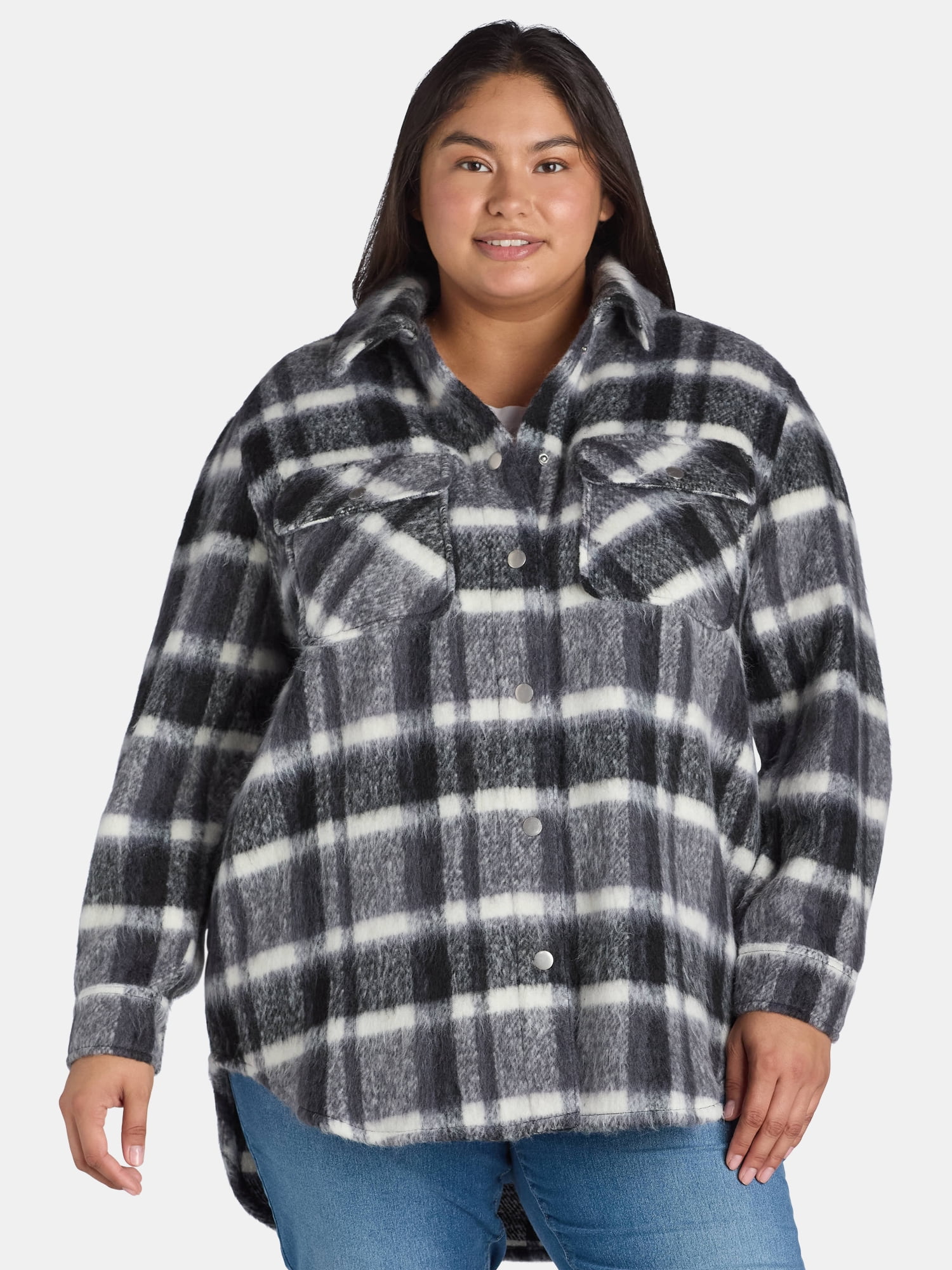 Terra & Sky Women's Plus Size Brushed Plaid Button Down Shacket, 0X-5X ...