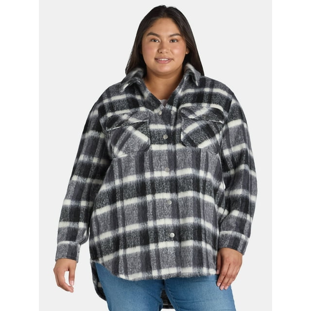 Terra & Sky Women's Plus Size Brushed Plaid Button Down Shacket, 0X-5X ...