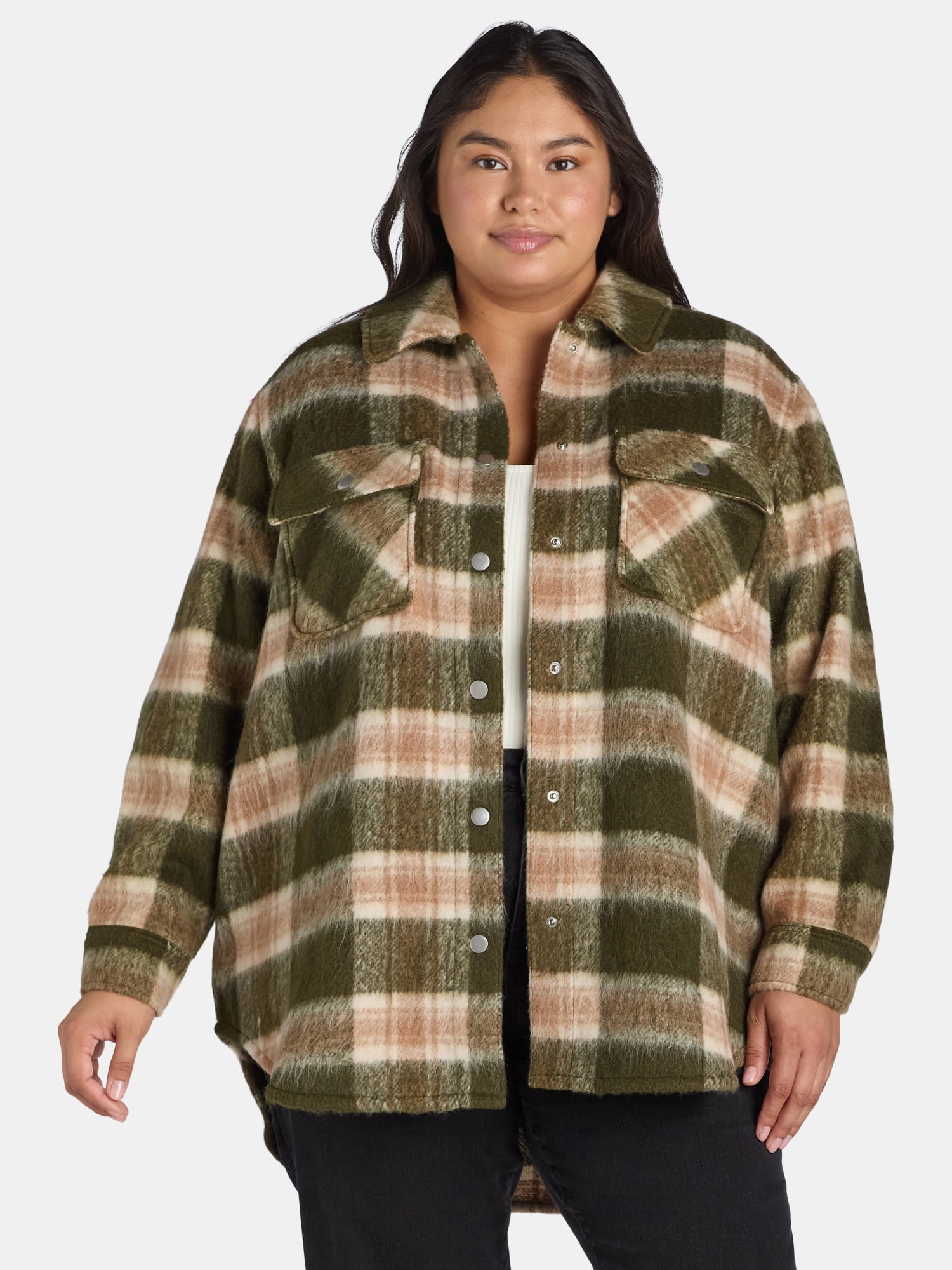 Terra & Sky Women's Plus Size Brushed Plaid Button Down Shacket, 0X-5X ...