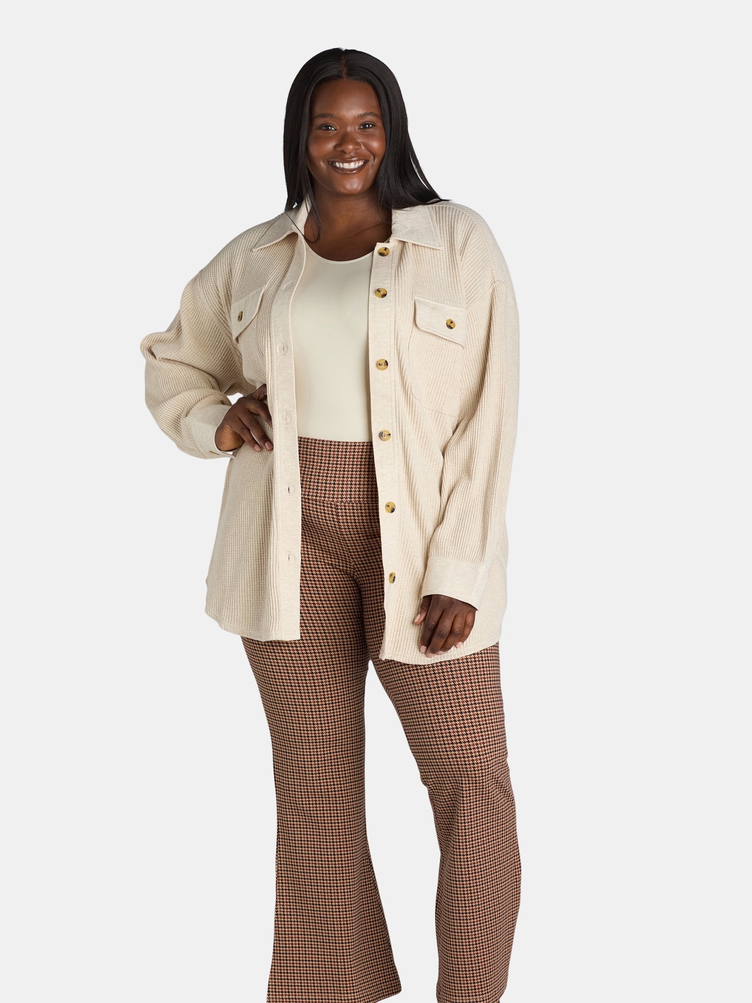 Terra & Sky Women's Plus Size Button Down Waffle Knit Shacket, Cotton ...