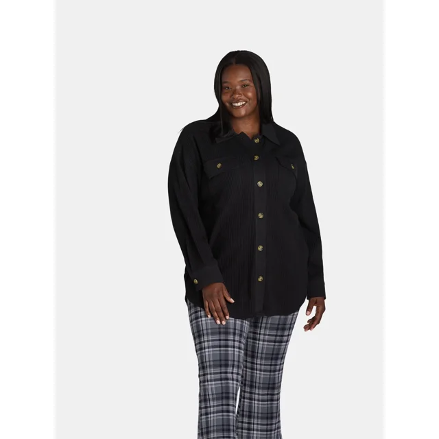 Terra & Sky Women's Plus Size Button Down Waffle Knit Shacket, 0X-4X ...