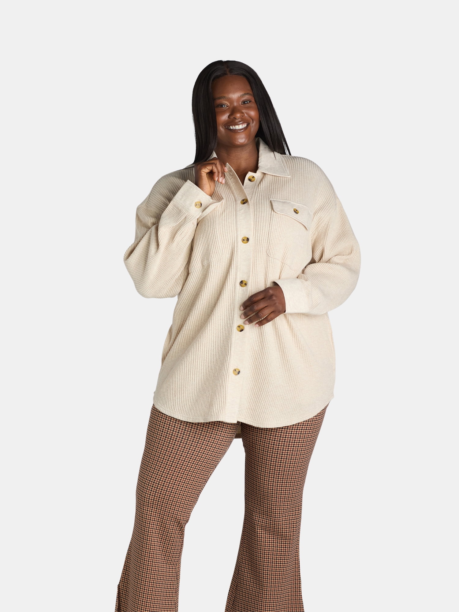 Terra & Sky Plus Size Waffle Knit Shacket - Cotton Fabric - Walmart.com
