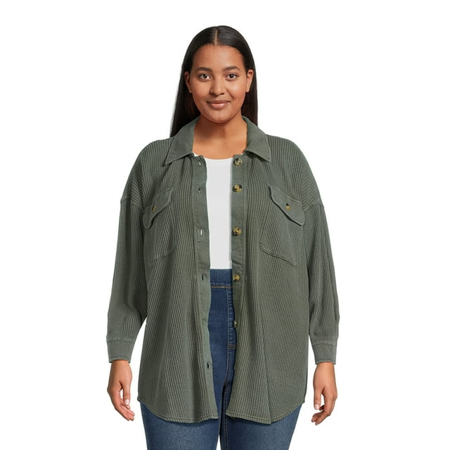 Terra & Sky Women's Plus Size Button Down Waffle Knit Shacket - Walmart.com