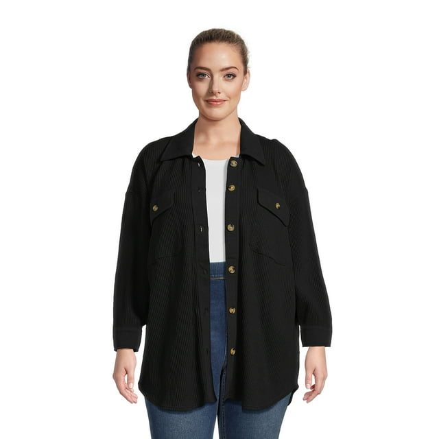 Terra & Sky Women's Plus Size Button Down Waffle Knit Shacket - Walmart.com