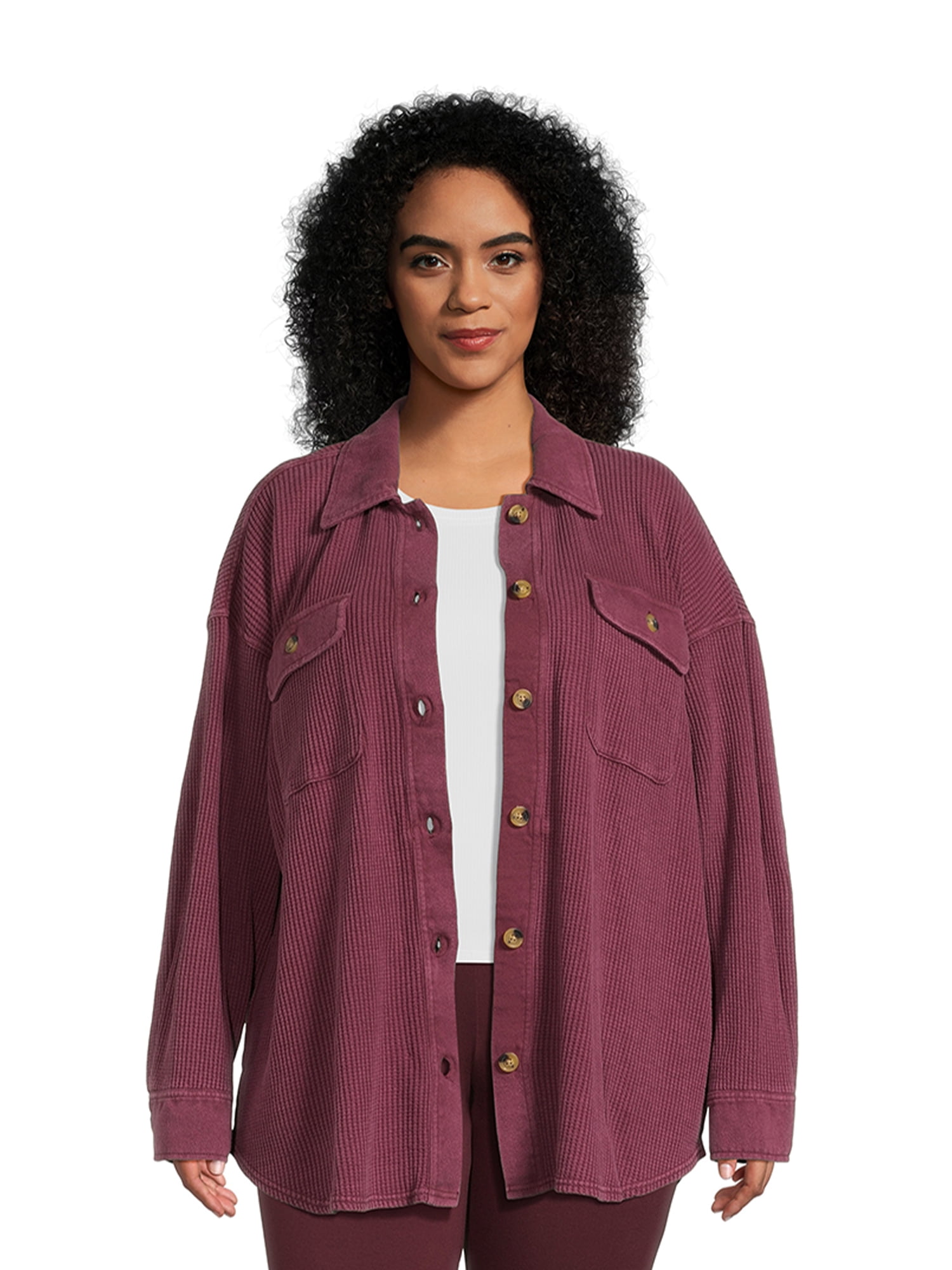 Terra & Sky Women's Plus Size Button Down Waffle Knit Shacket - Walmart.com