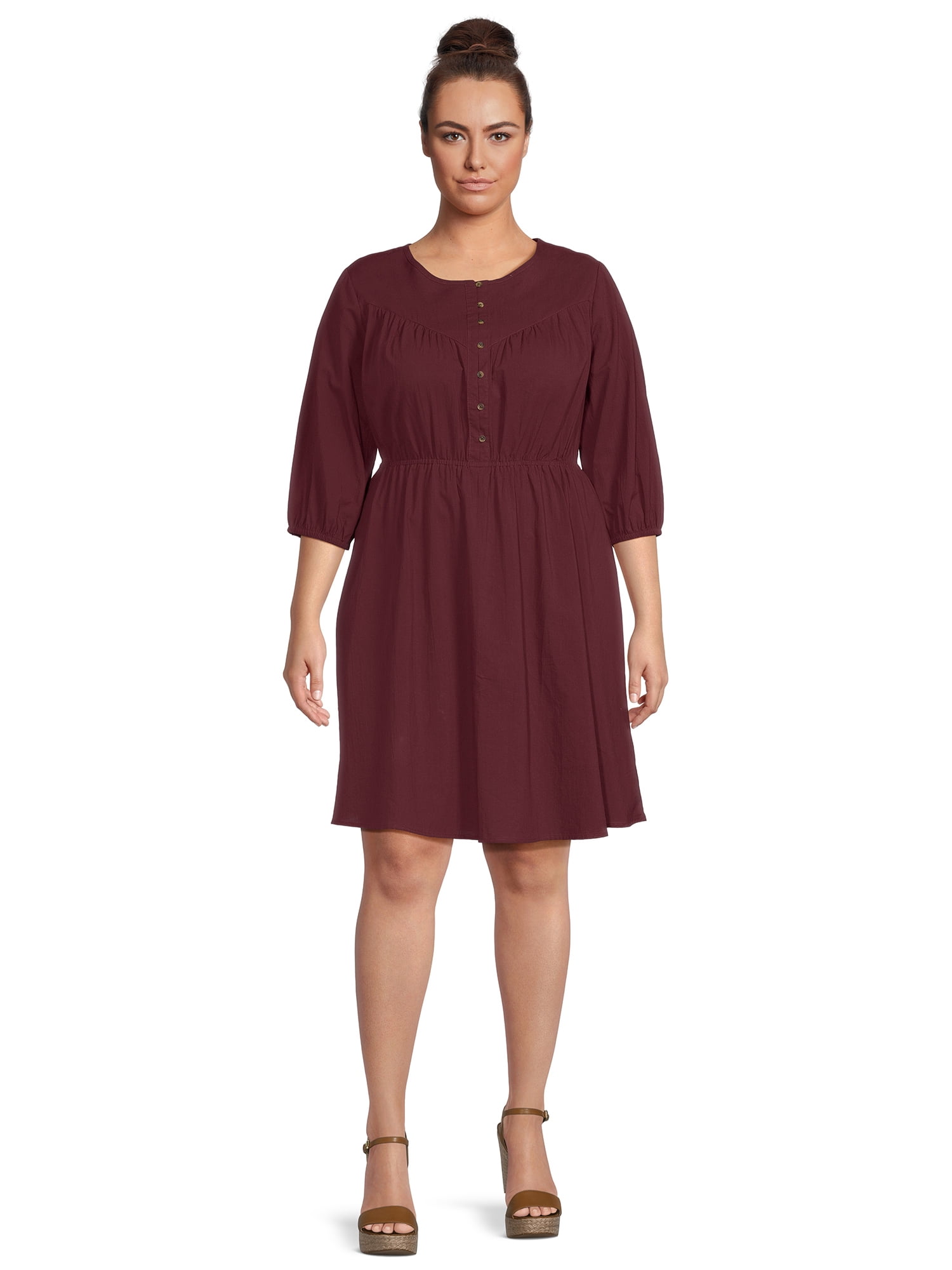 Terra & Sky Plus Size Button Front Dress - Sleeves - Walmart.com