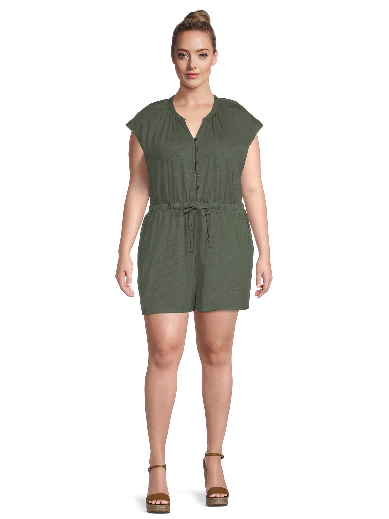 Terra & Sky Women's Plus Size Button-Front Knit Romper, 5" Inseam ...