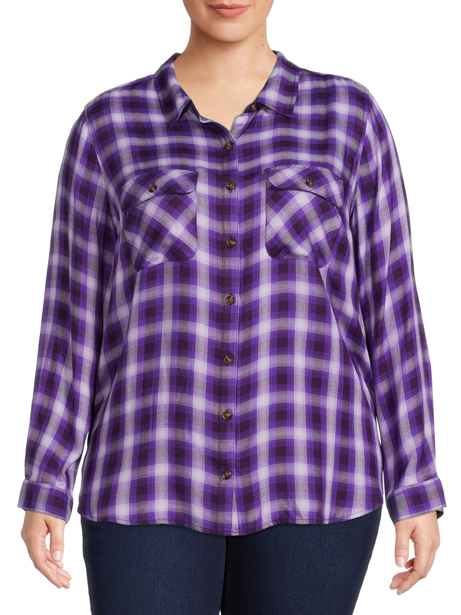 Terra & Sky Plus Size Plaid Button-Up Shirt - Sleeve - Walmart.com