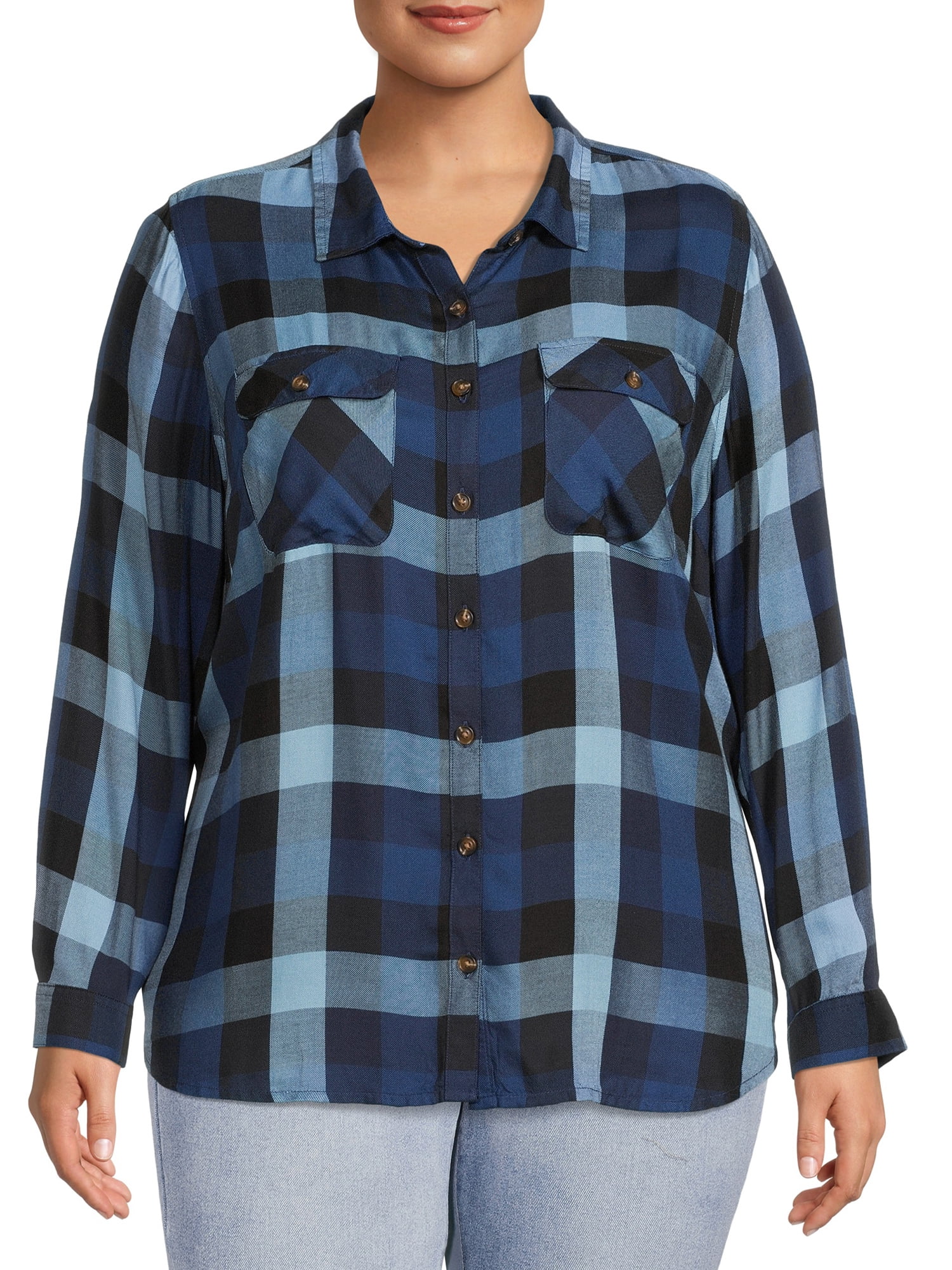 Terra & Sky Women's Plus Size Plaid Button-Up Shirt with Long Sleeves ...