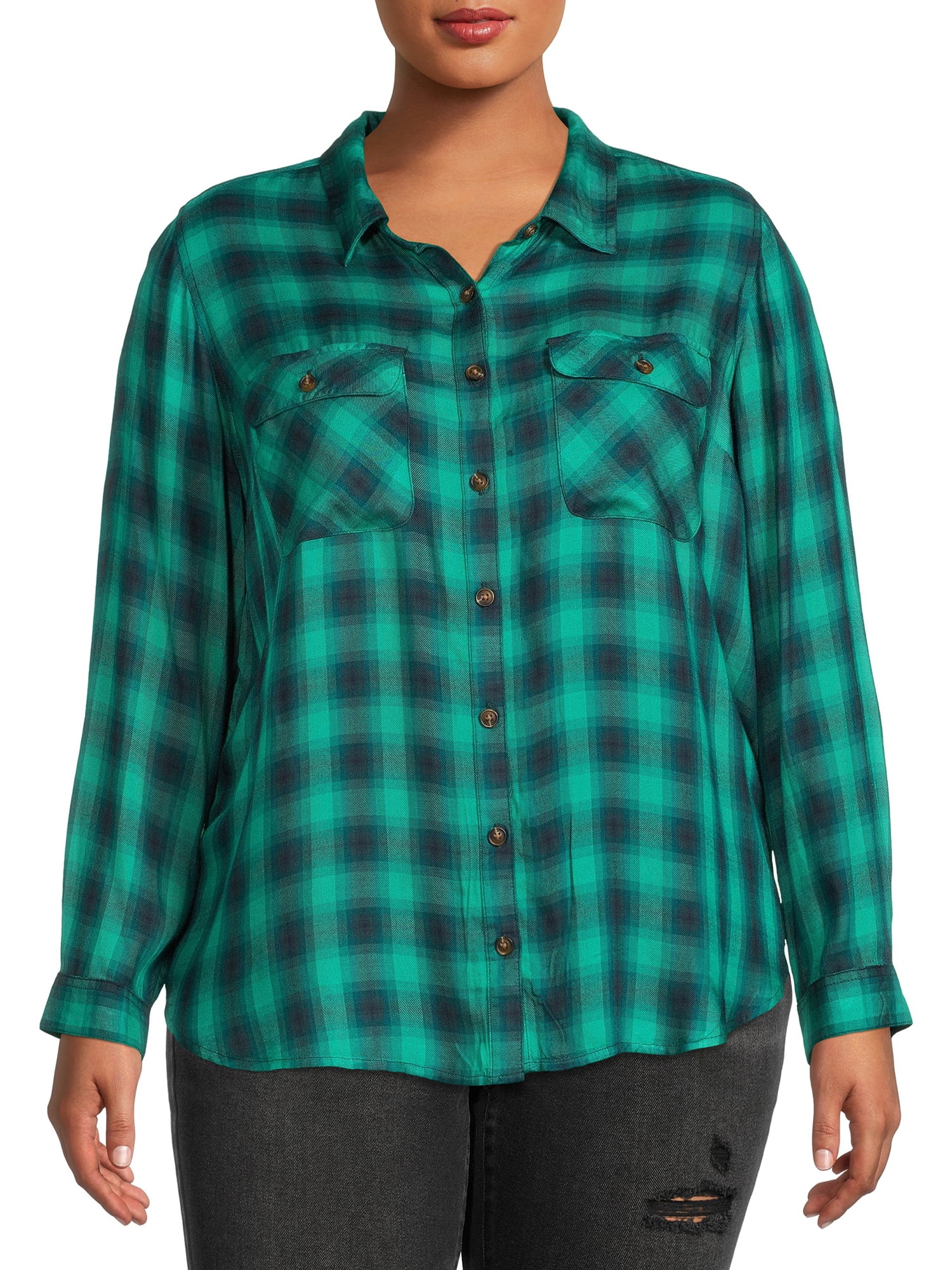 Terra & Sky Plaid Button-Up Shirt women's 1X - Walmart.com