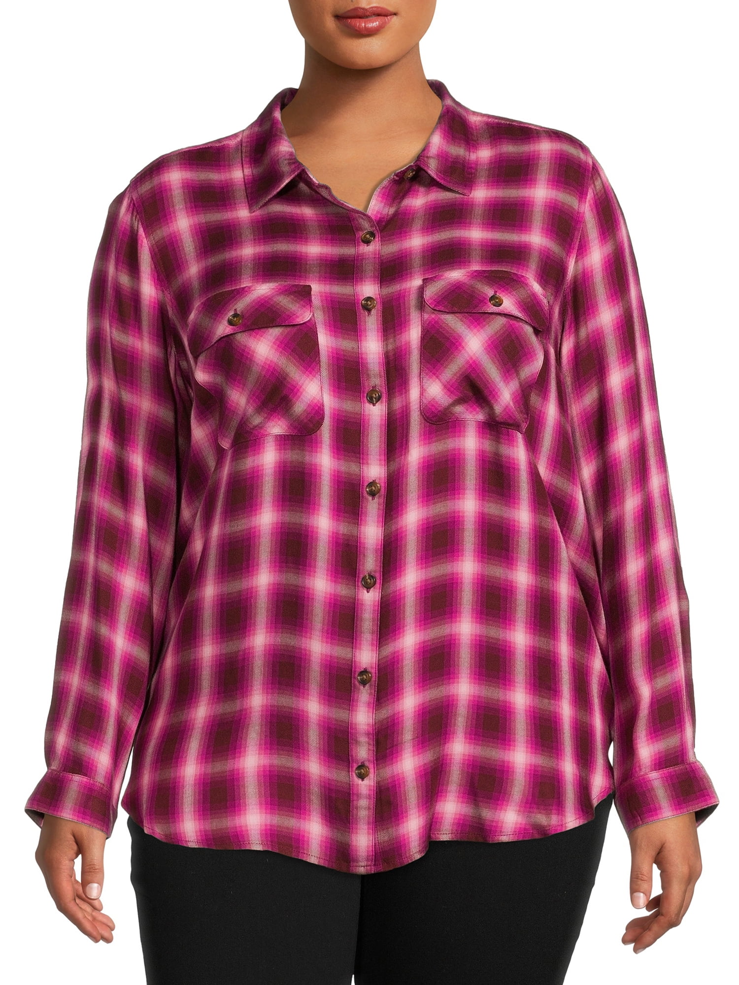 Terra & Sky Women's Plus Size Plaid Button-Up Shirt with Long Sleeves ...