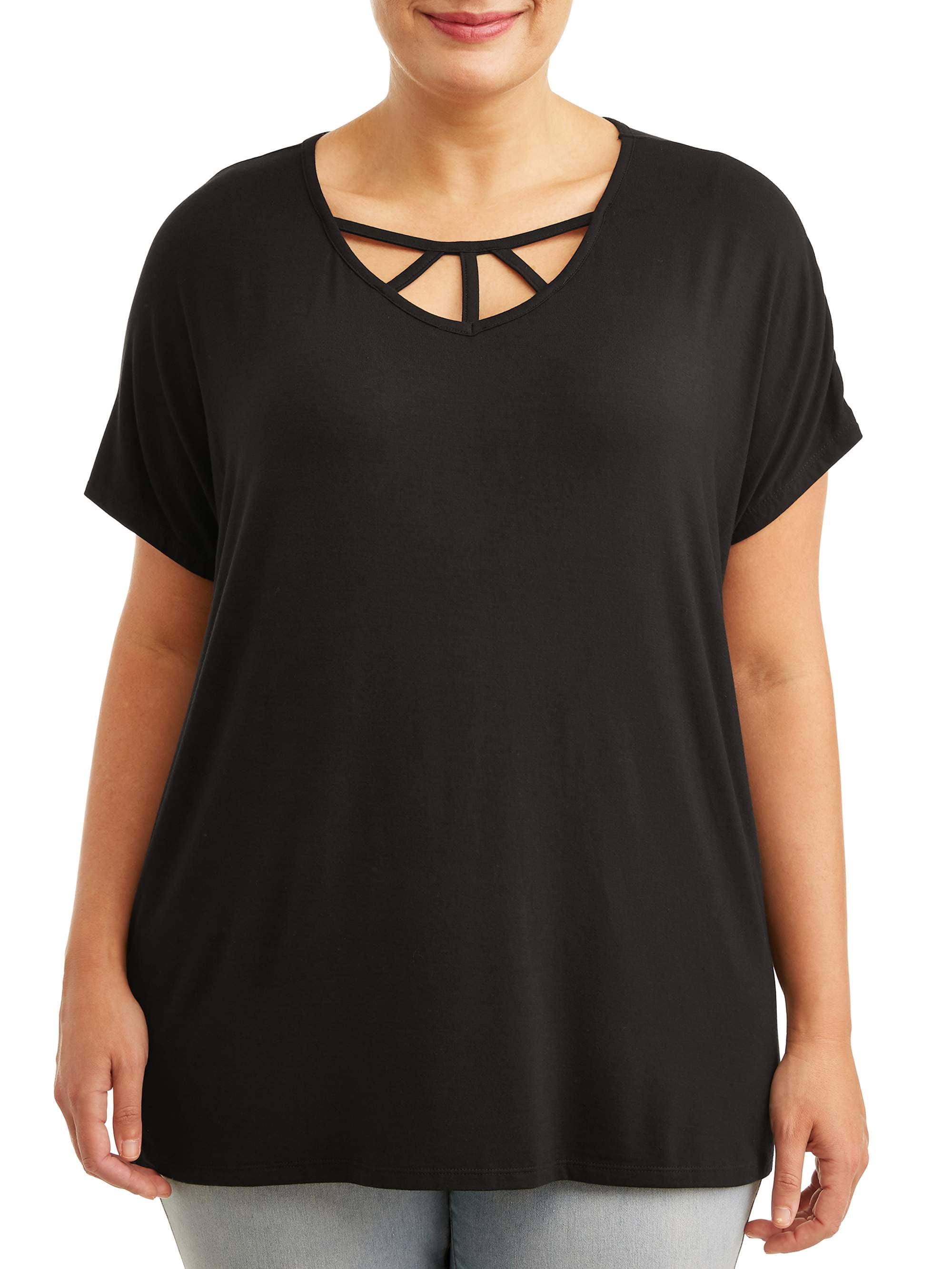 Terra & Sky Women's Plus Size Cage Neck Detail Short Sleeve Top ...