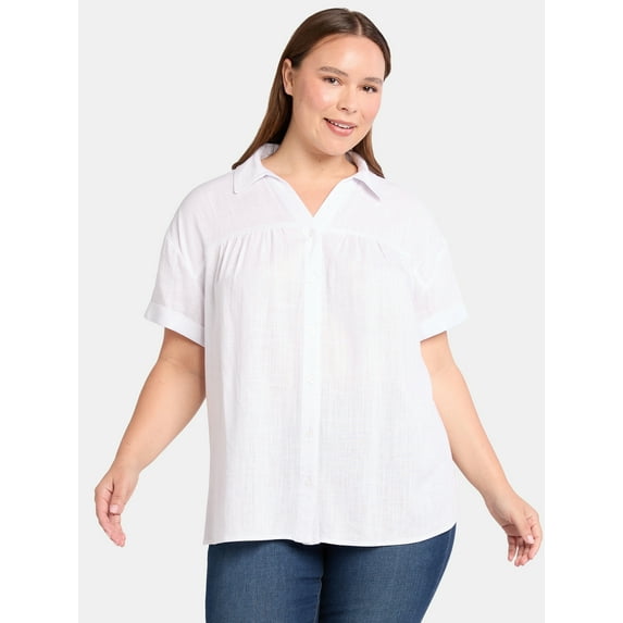 Terra & Sky Women's Plus Size Camp Shirt with Short Sleeves, Sizes, 0X-4X - Walmart.com