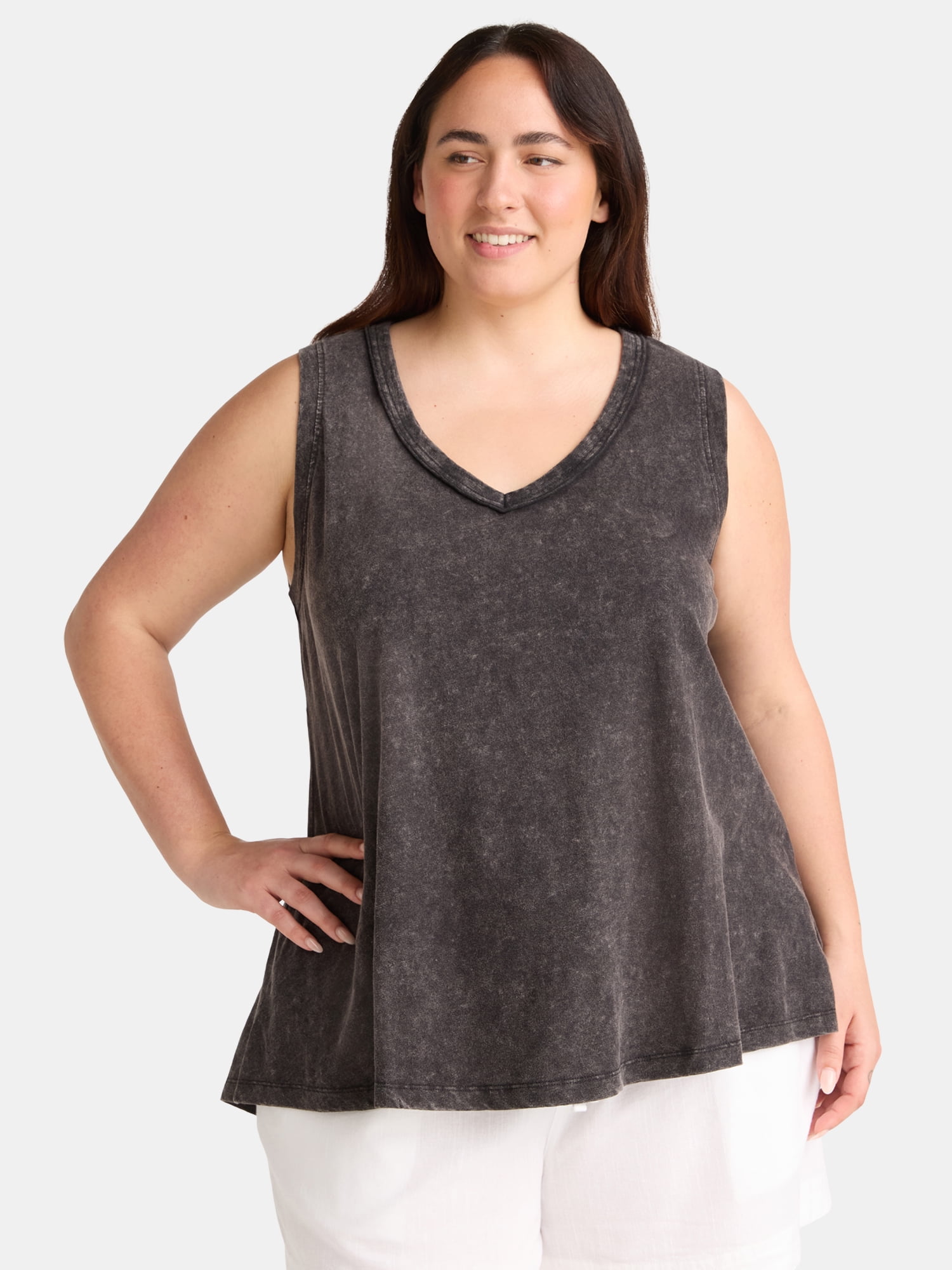 Terra & Sky Women's Plus Slub Cotton Swing Tank Top Sizes 0X-5X V-neck ...