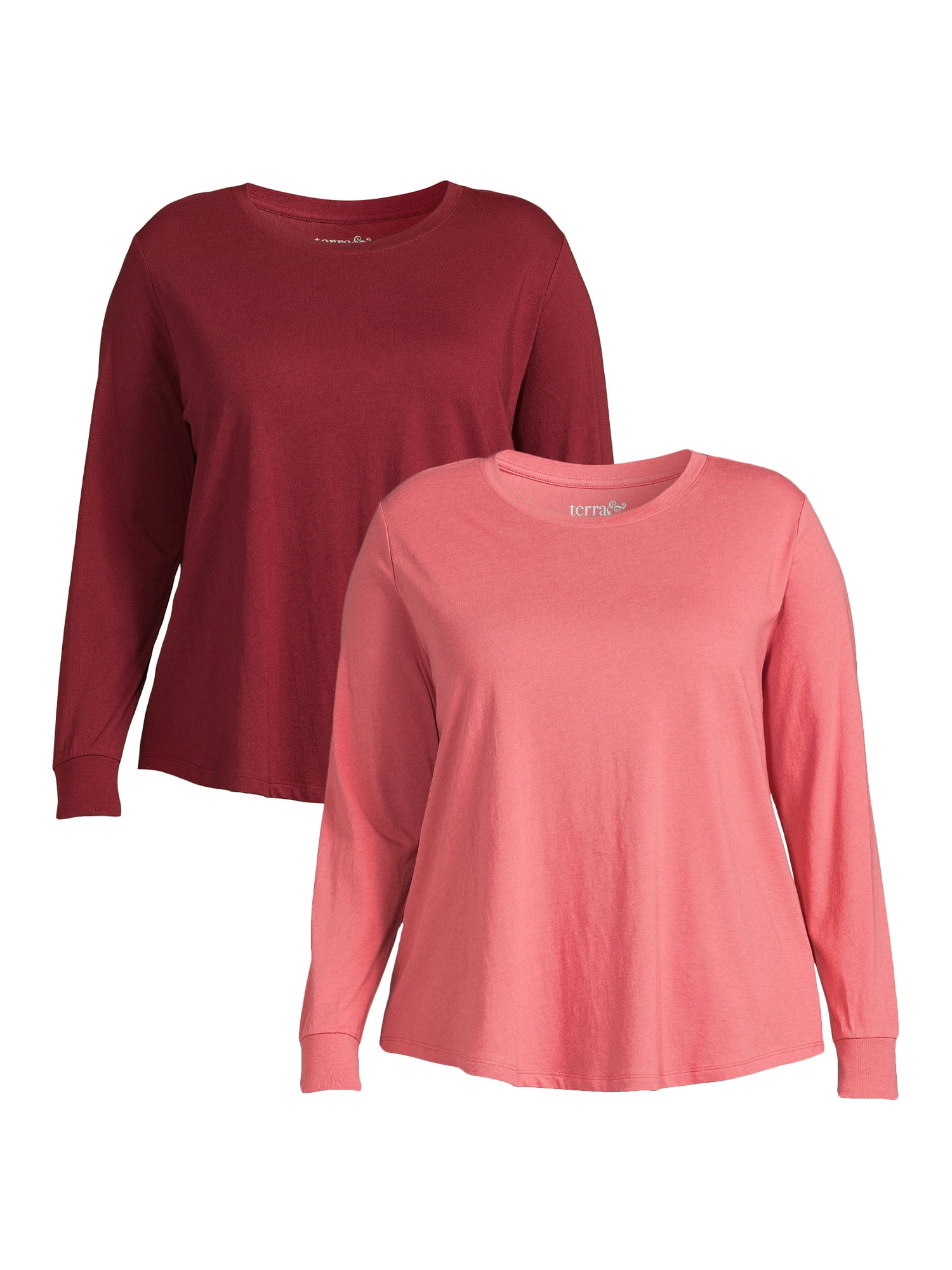 Terra & Sky Women's Plus Size Crewneck T-Shirt with Long Sleeves, 2 ...