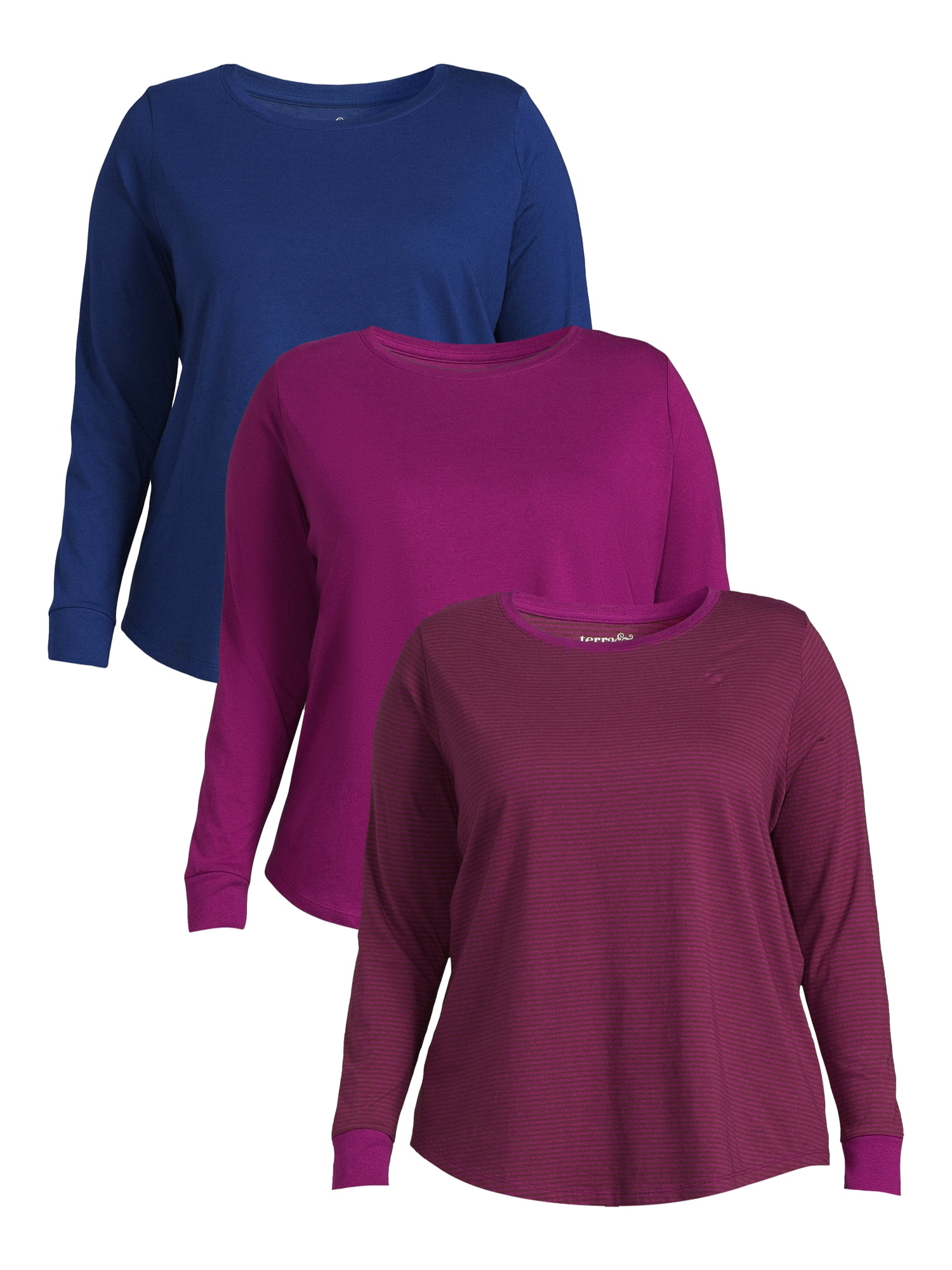 Terra & Sky Women's Plus Size Crewneck Tee with Long Sleeves, 3-Pack ...