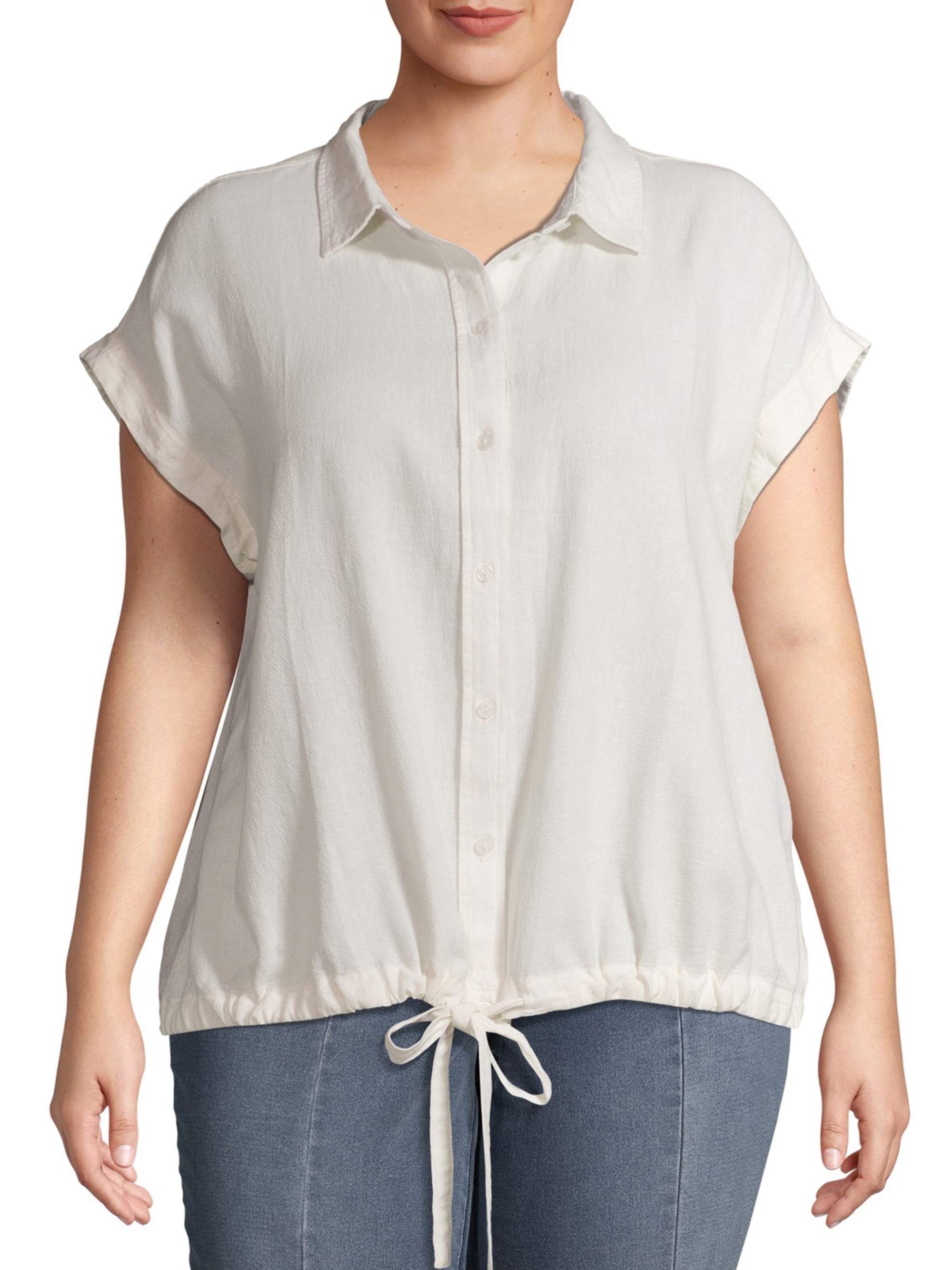 Terra & Sky Women's Plus Size Drawstring Button-Front Top - Walmart.com
