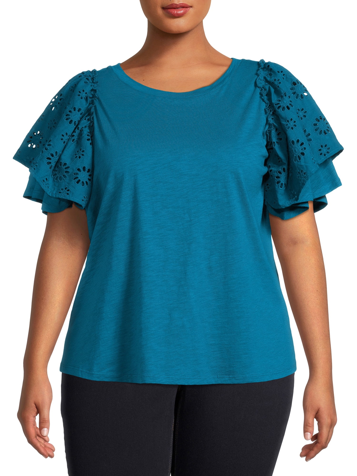 Terra & Sky Women's Plus Size Eyelet Flutter Sleeve Top - Walmart.com