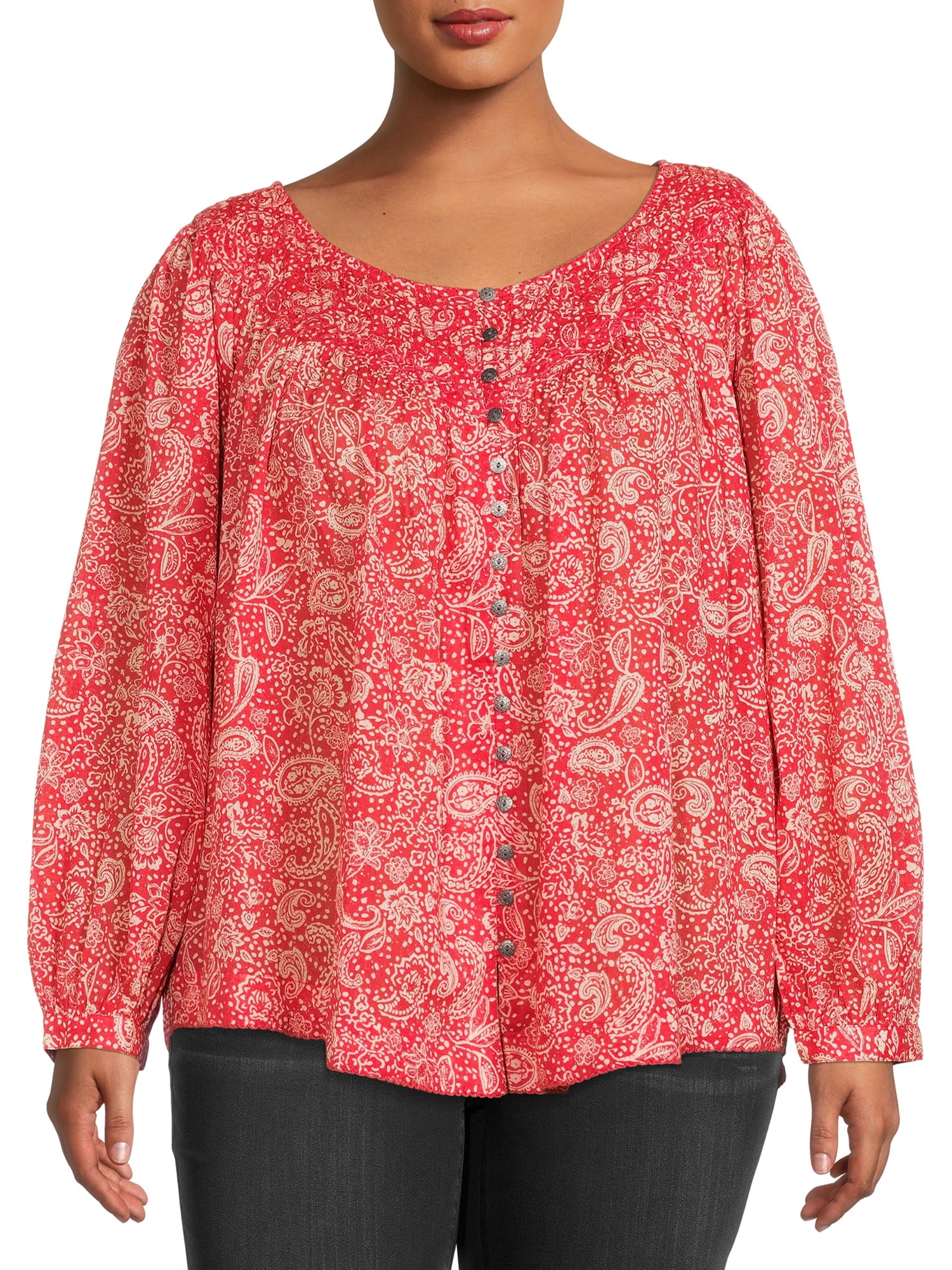 Terra & Sky Women's Plus Size Flowy Button Down Top with Long Sleeves ...