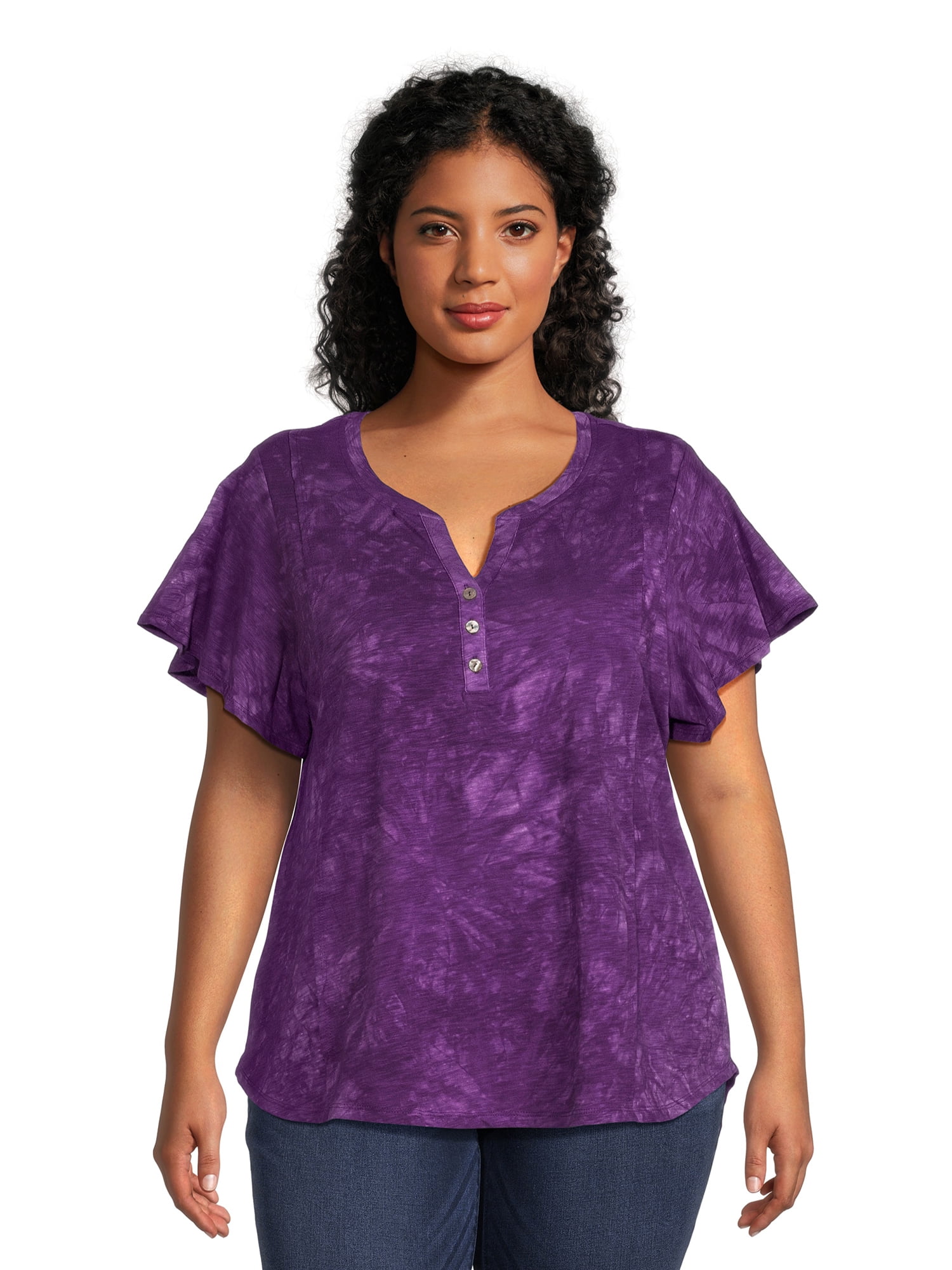 Terra & Sky Women's Plus Size Flutter Sleeve Henley Tee - Walmart.com