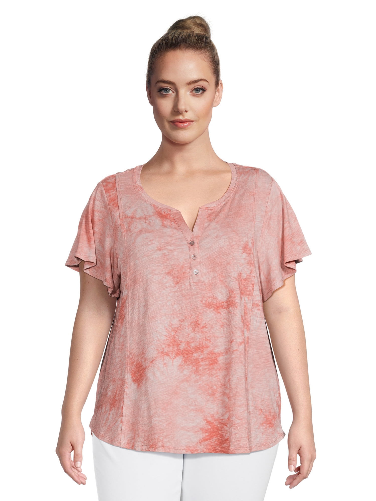 Terra & Sky Women's Plus Size Flutter Sleeve Henley Tee - Walmart.com
