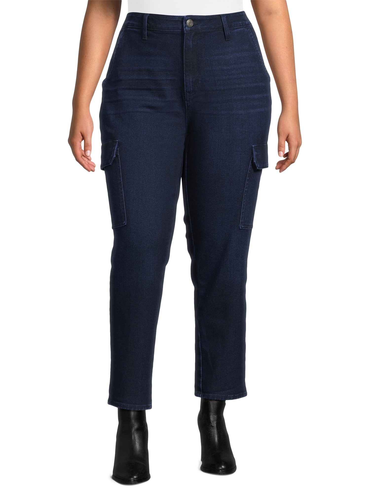 Terra & Sky Women's Plus Size High Rise Cargo Jeans, 29 Inseam, Sizes ...