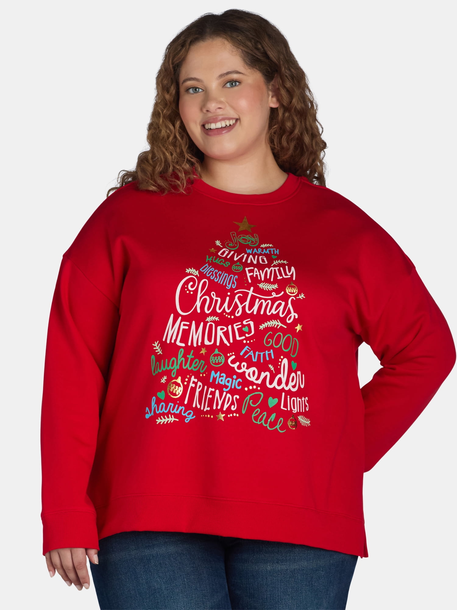 Terra & Sky Women's Plus Size Holiday Spirit Graphic Long Sleeve ...