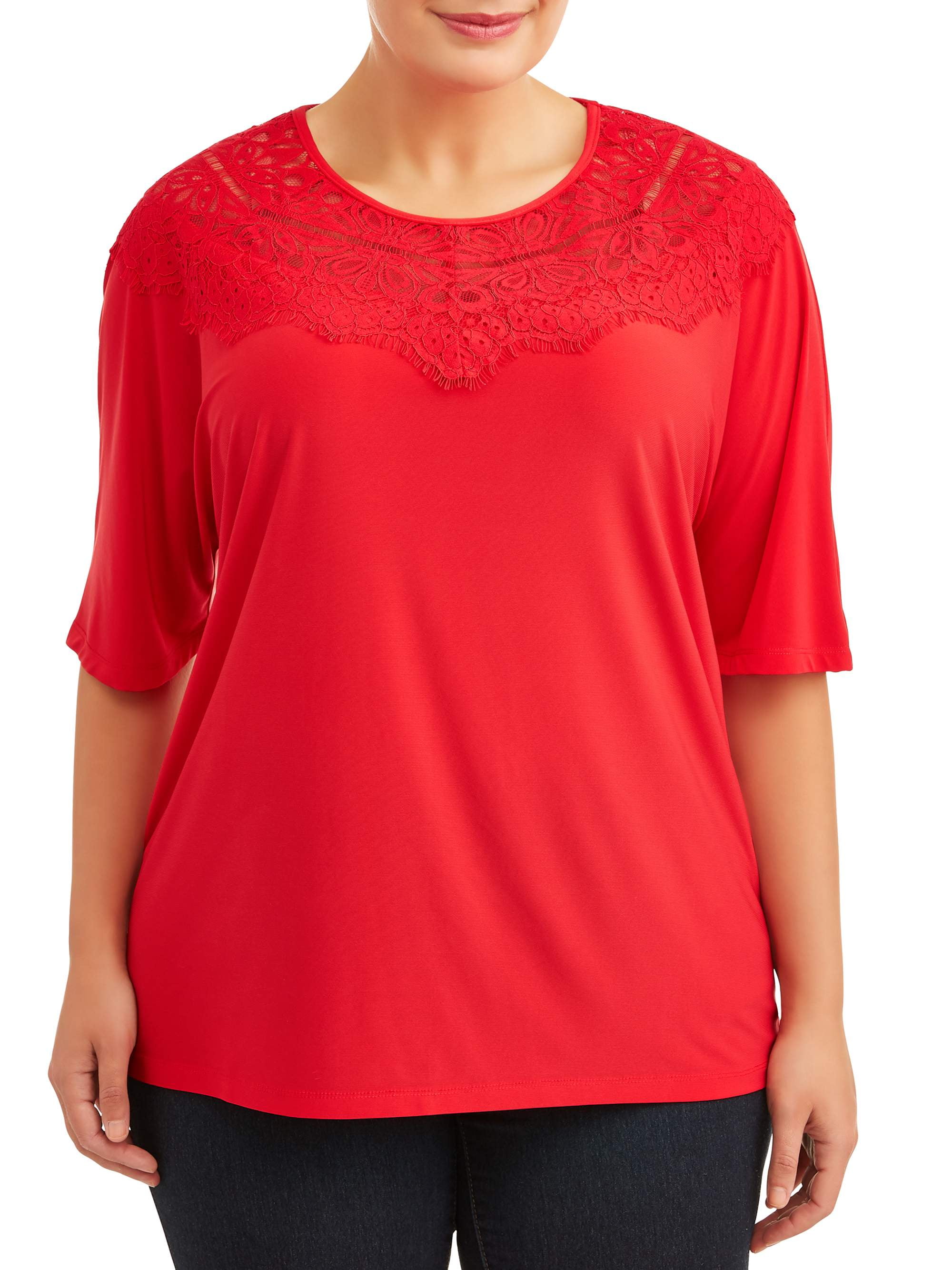 Terra & Sky Women's Plus Size Lace Detail Dolman Sleeve Super Soft Top ...