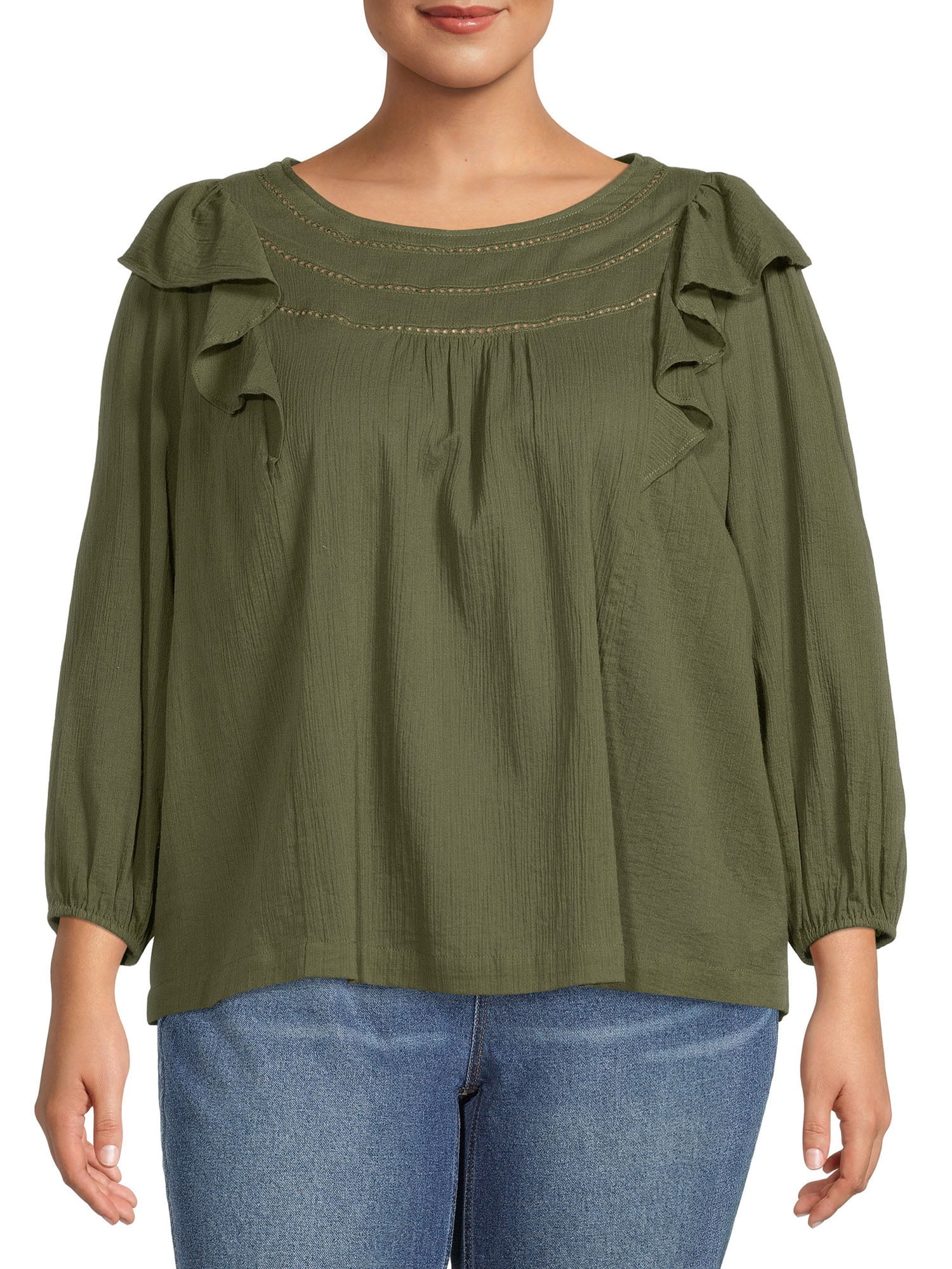Terra & Sky Women's Plus Size Ladder Trim Ruffle Blouse - Walmart.com