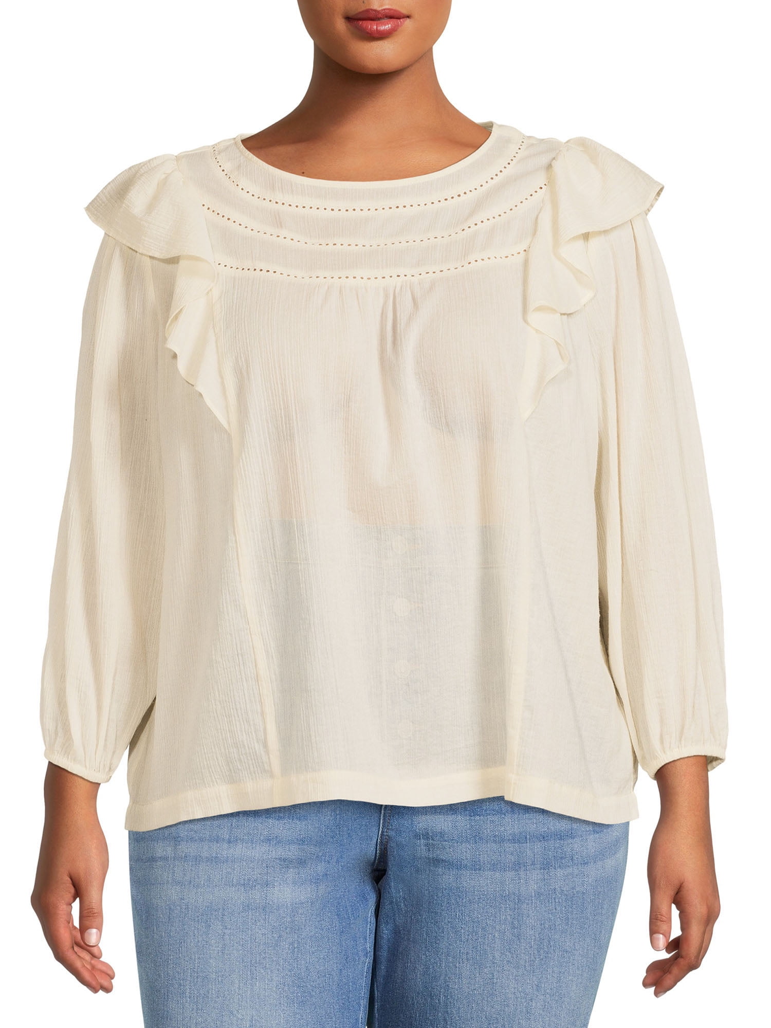 Terra & Sky Women's Plus Size Ladder Trim Ruffle Blouse - Walmart.com