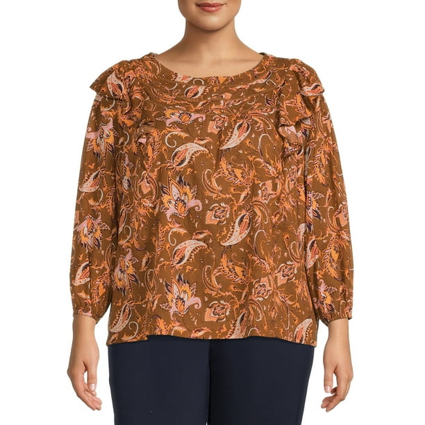 Terra And Sky Womens Plus Size Ladder Trim Ruffle Blouse